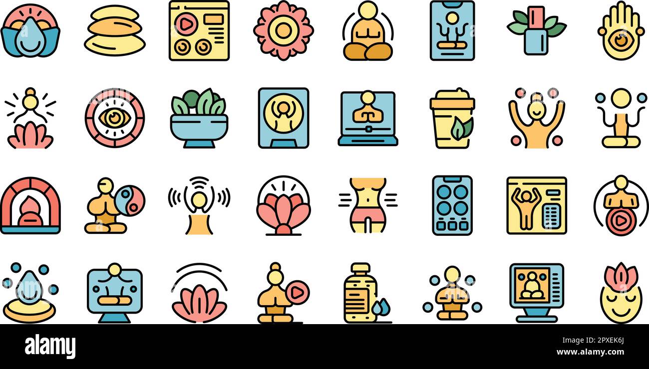 Online yoga training icons set outline vector. Yoga asana. Workout ...