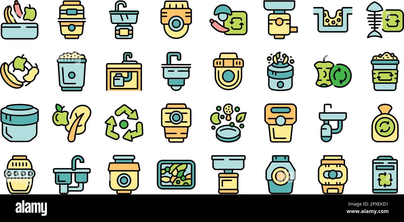 Food Waste Disposer icons set outline vector. Garbage sink. Waste food ...