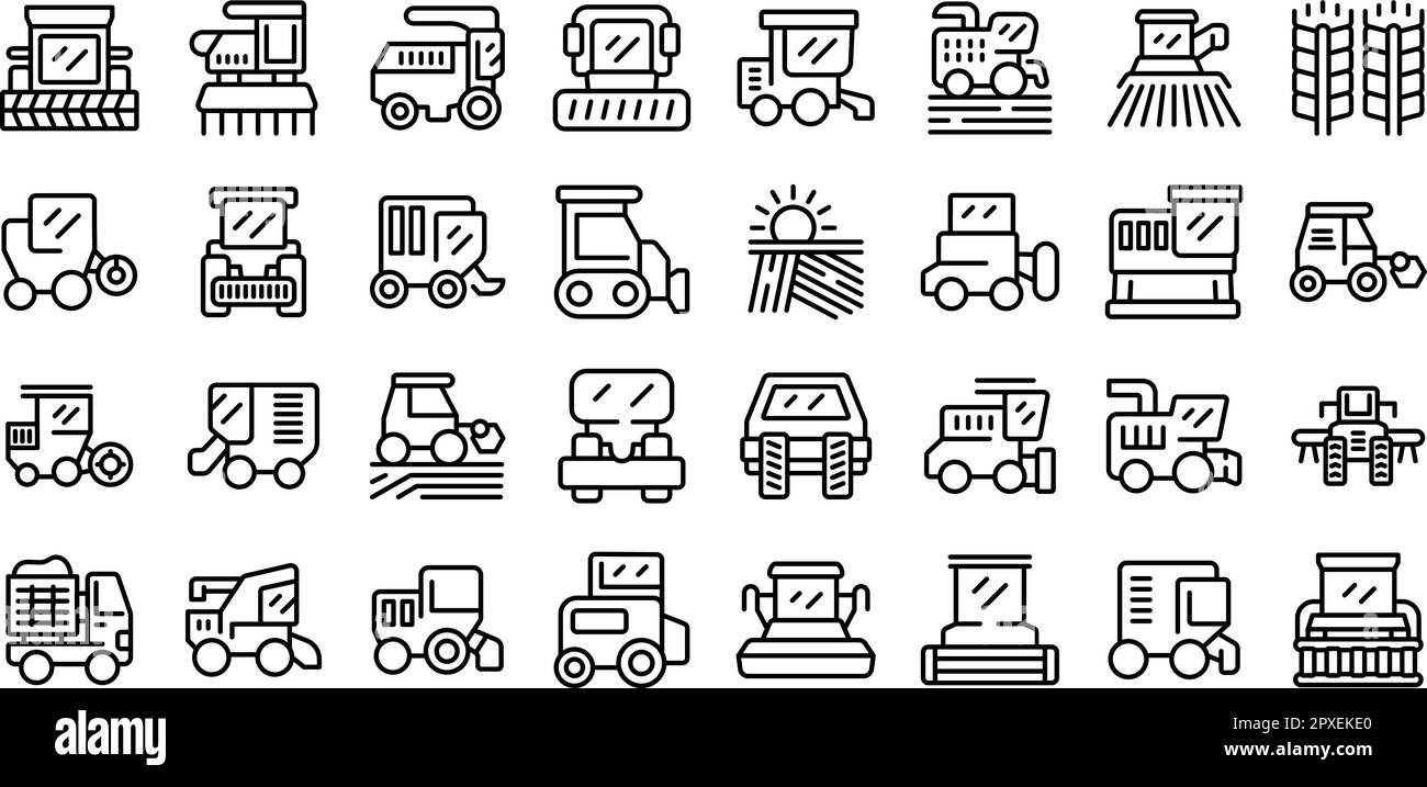 Combine harvester icons set outline vector. Farm machinery. Food farm ...