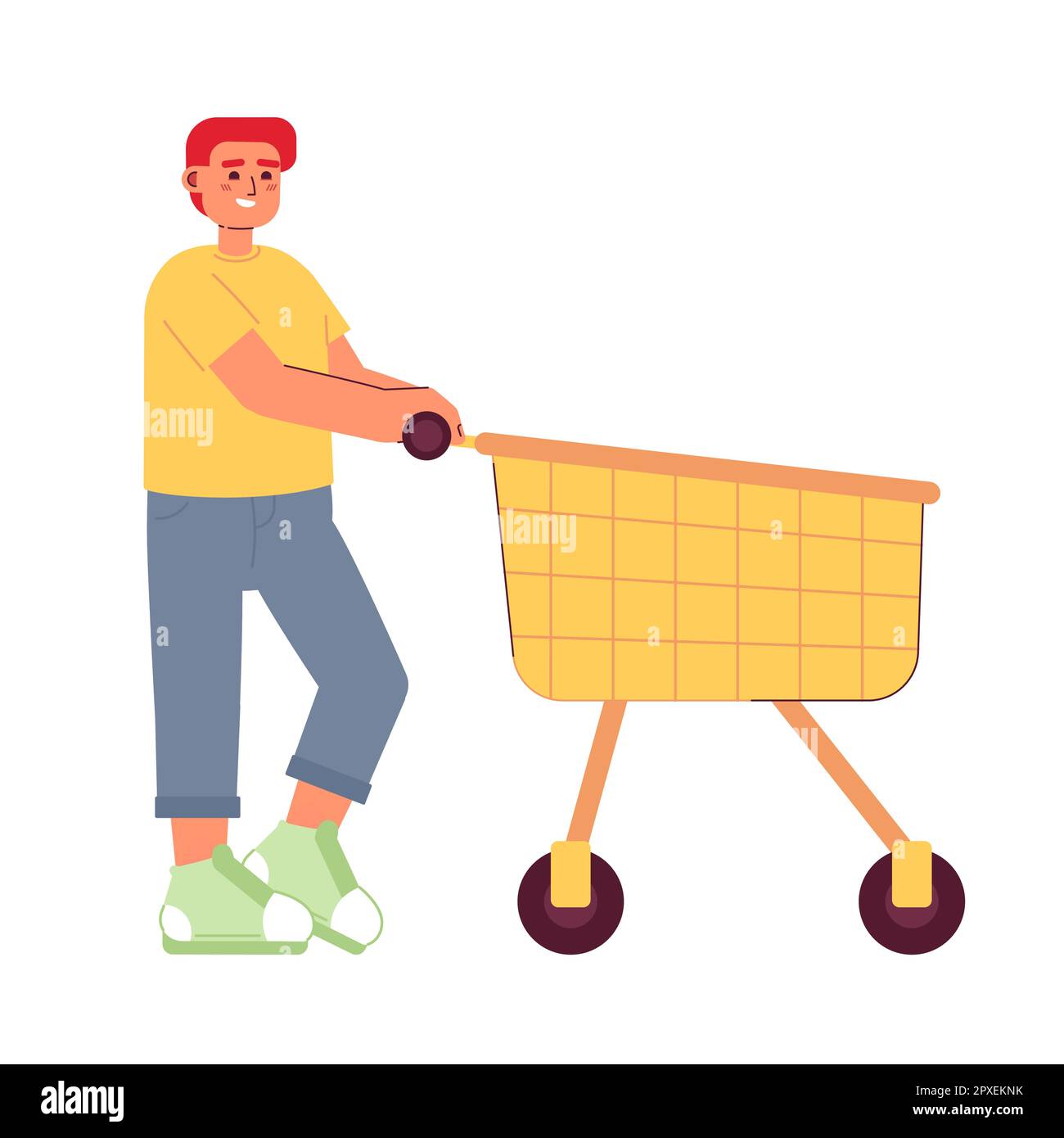 Happy male customer pushing shopping trolley semi flat colorful vector ...