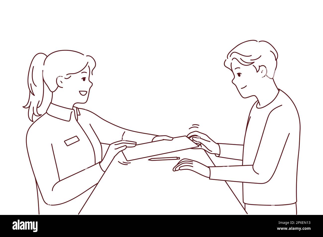 Woman receptionist give document to sign for client in hotel. Female ...