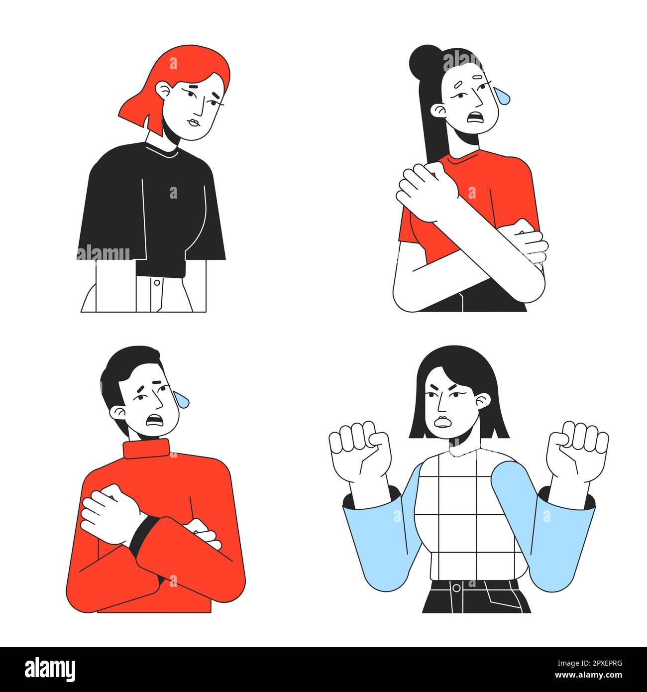 Crying in anxiety and depression flat line color vector characters set ...