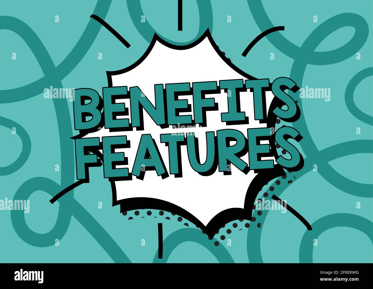 Text showing inspiration Benefits Features, Word for Making a product stand out from the crowd ...