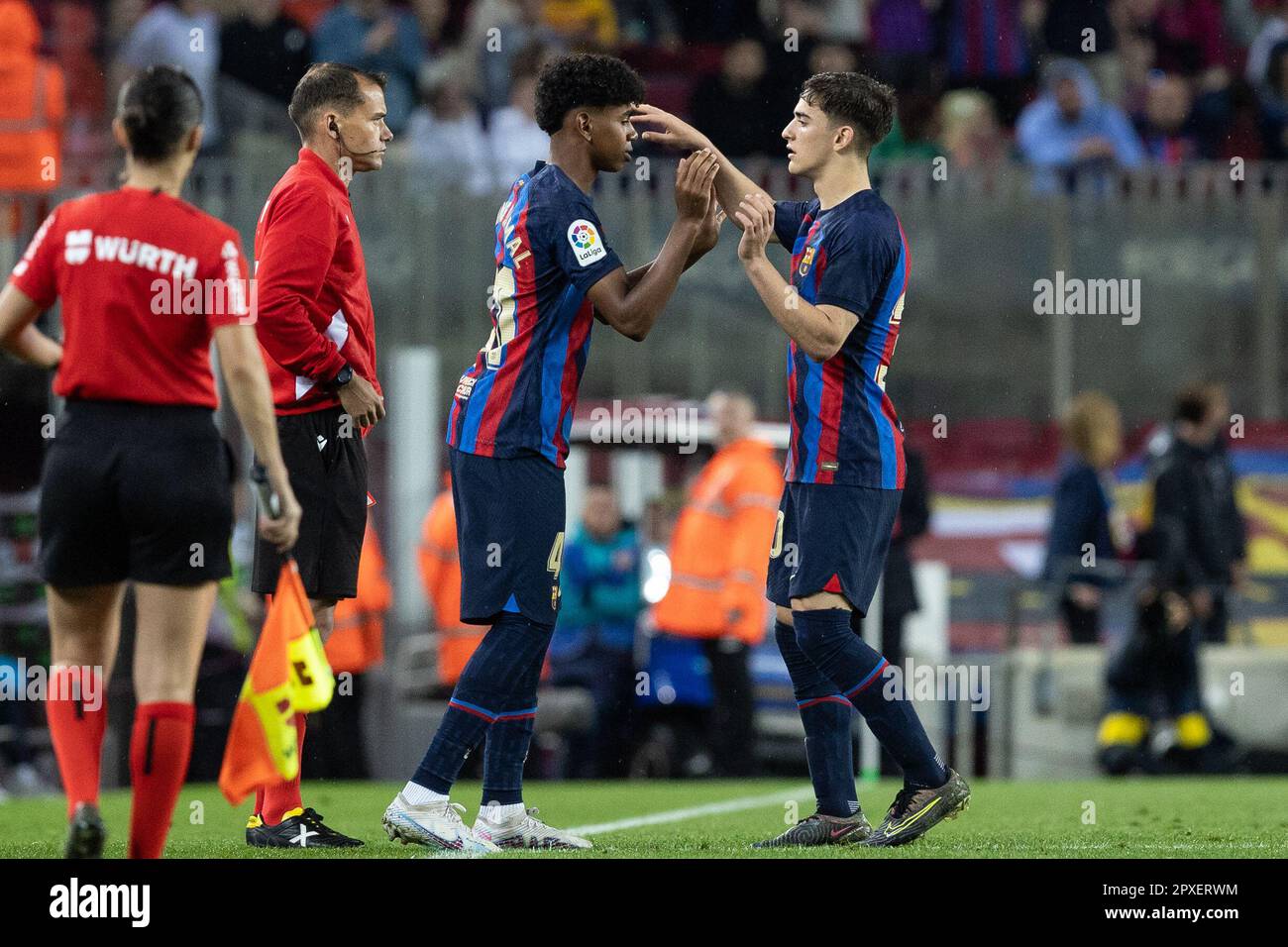 BARCELONA, SPAIN - APRIL 29: Lamine Yamal of FC Barcelona debut as ...