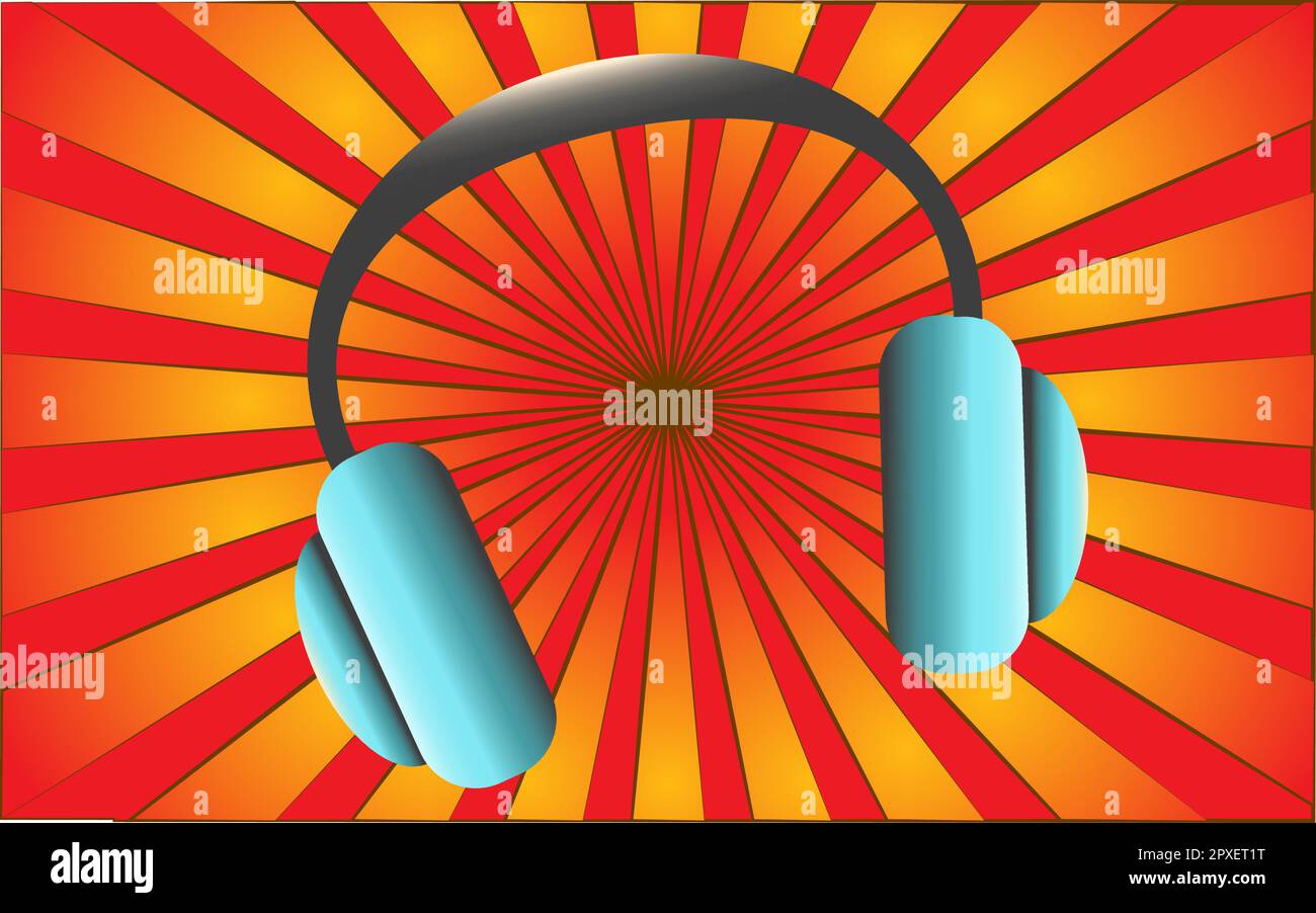 Large musical headphones on a background of abstract red rays. Vector ...