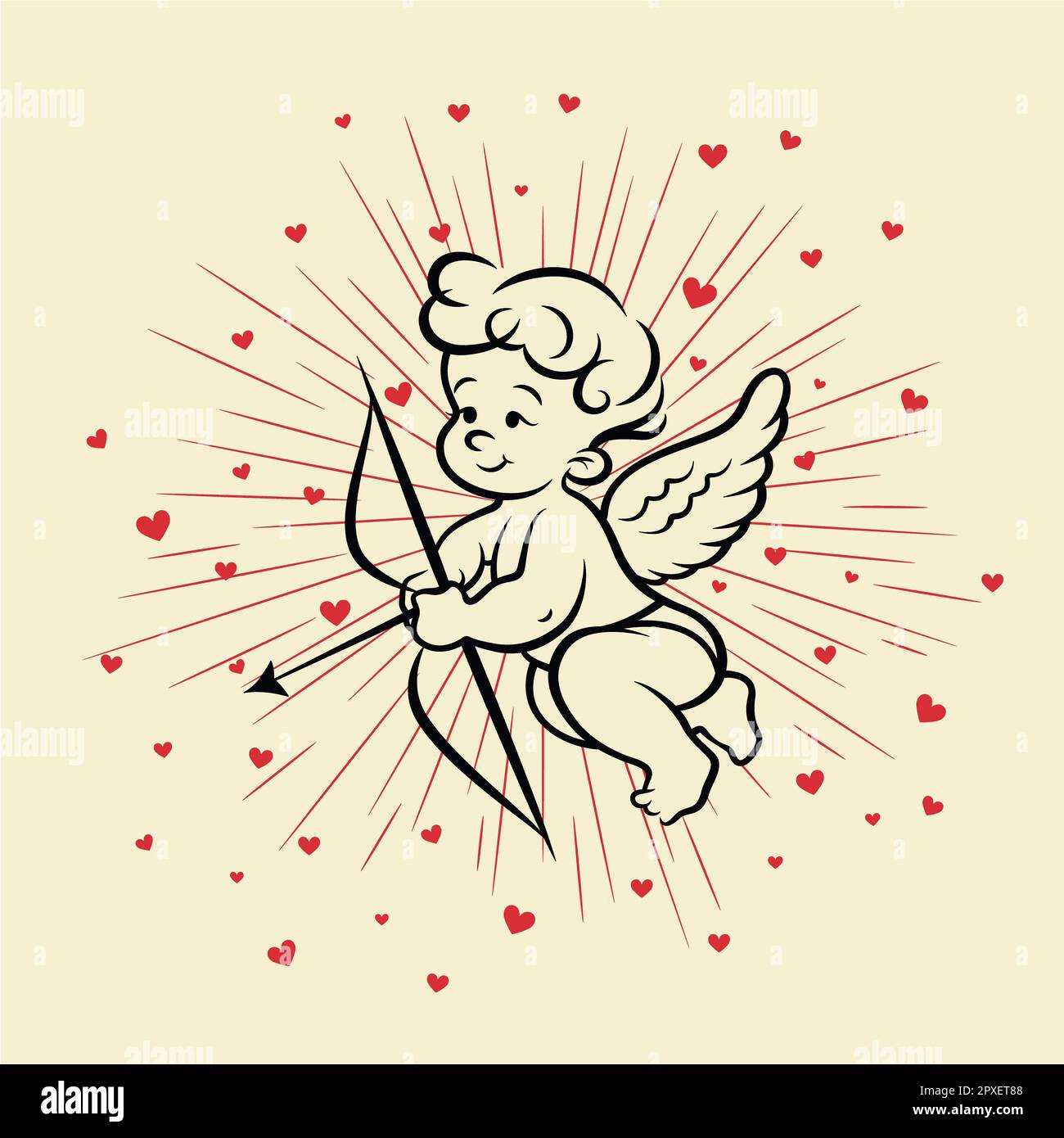 Flying Vector Cupid Boy Holding Bow, Aiming, Shooting Arrow, Hand Drawn with Outline in Retro ...