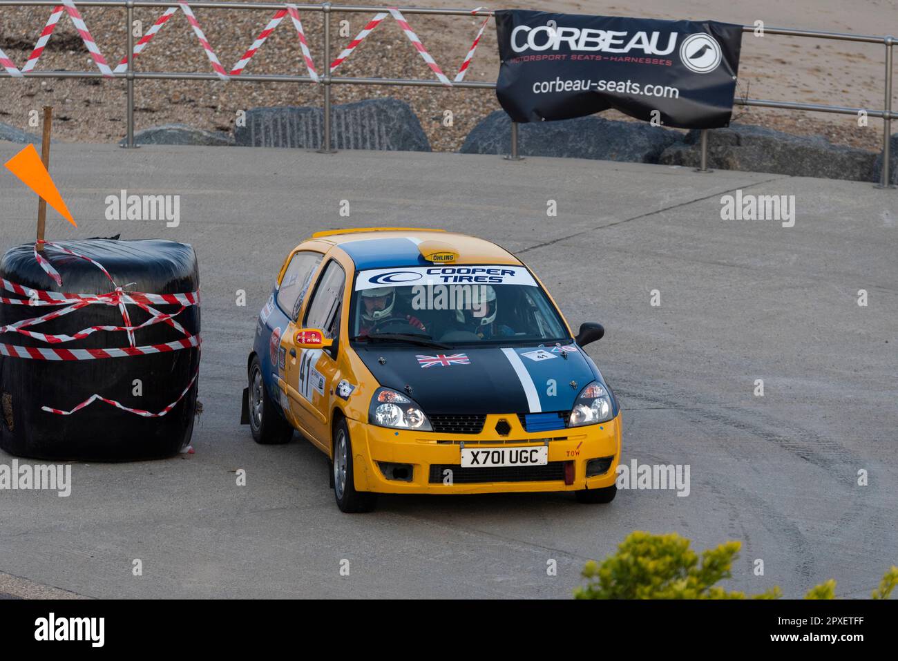 Bridge Carey racing a Renault Clio competing in the Corbeau Seats rally ...