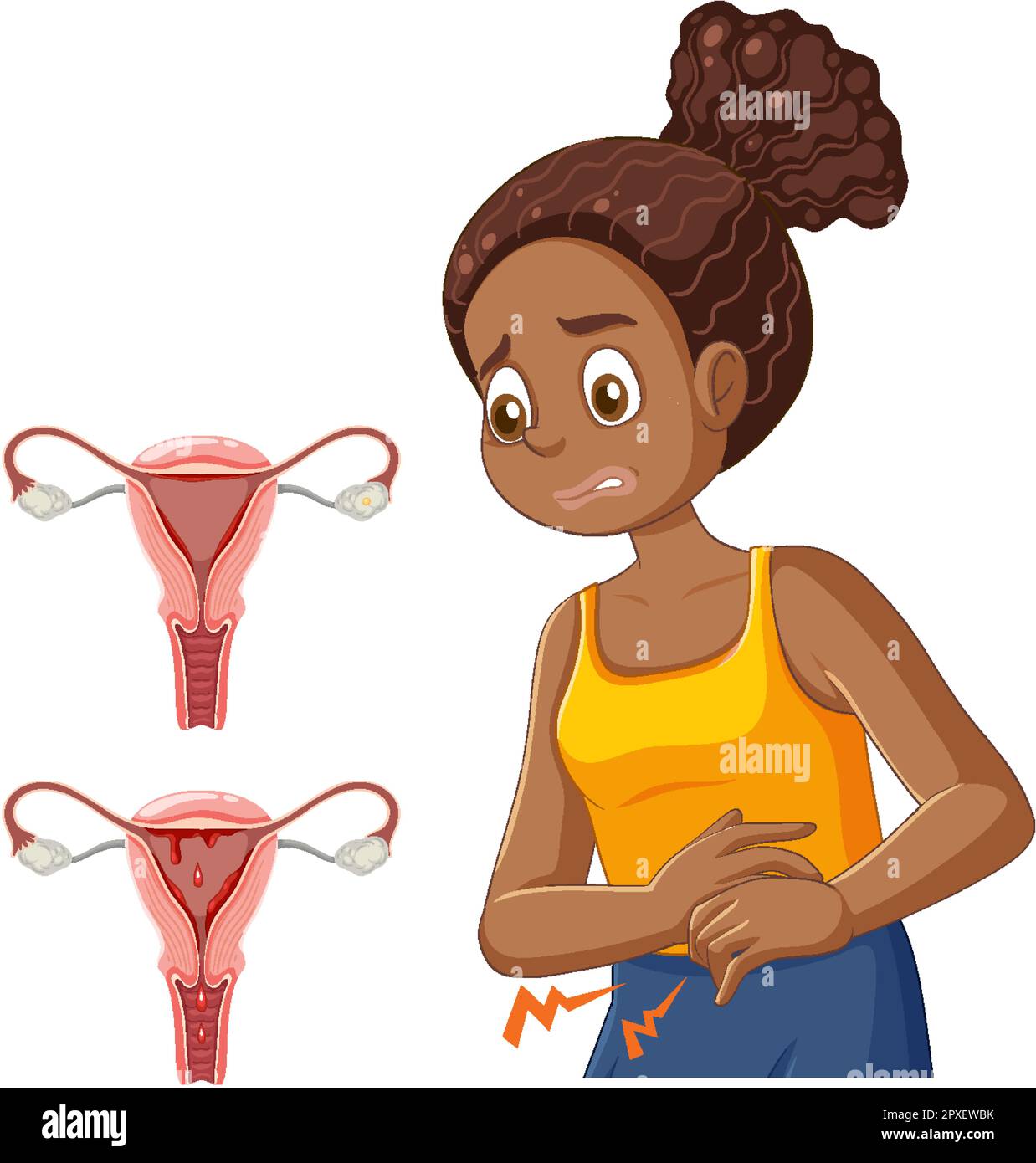 African American Girl Experiencing Menstrual Cramps During Puberty Illustration Stock Vector
