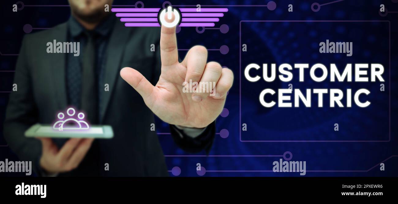 Sign displaying Customer Centric, Business overview process of looking ...