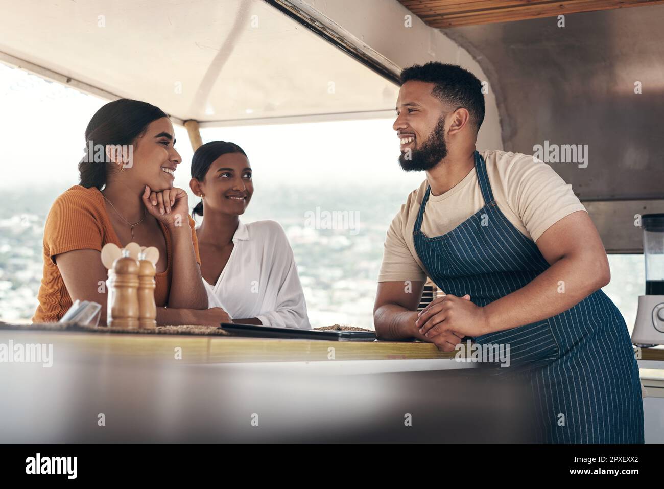 Weve heard great things about you. two friends ordering food from a ...