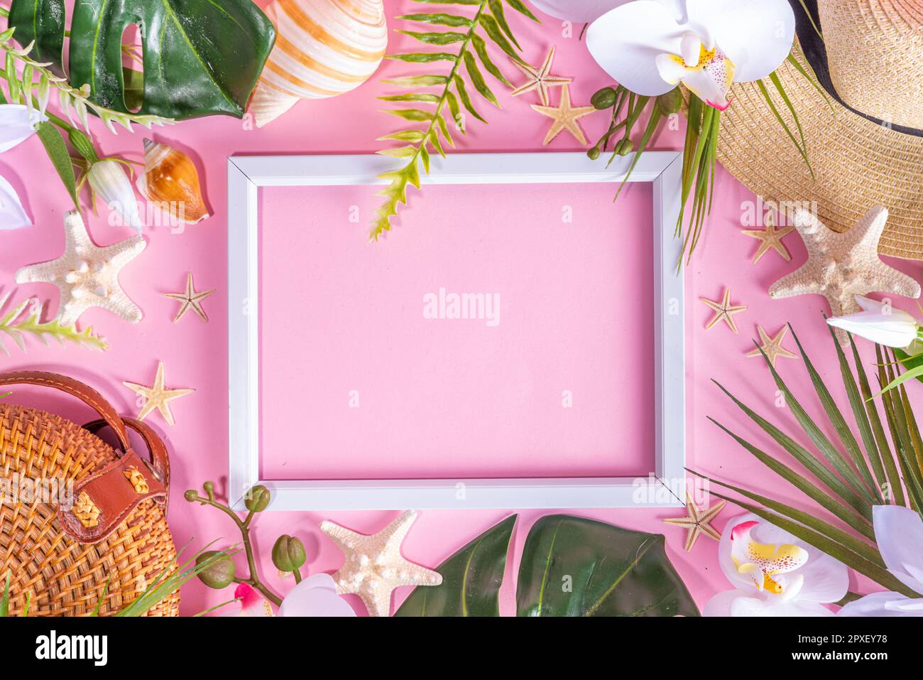 Pink colored summer vacation, travel and summer holiday background ...