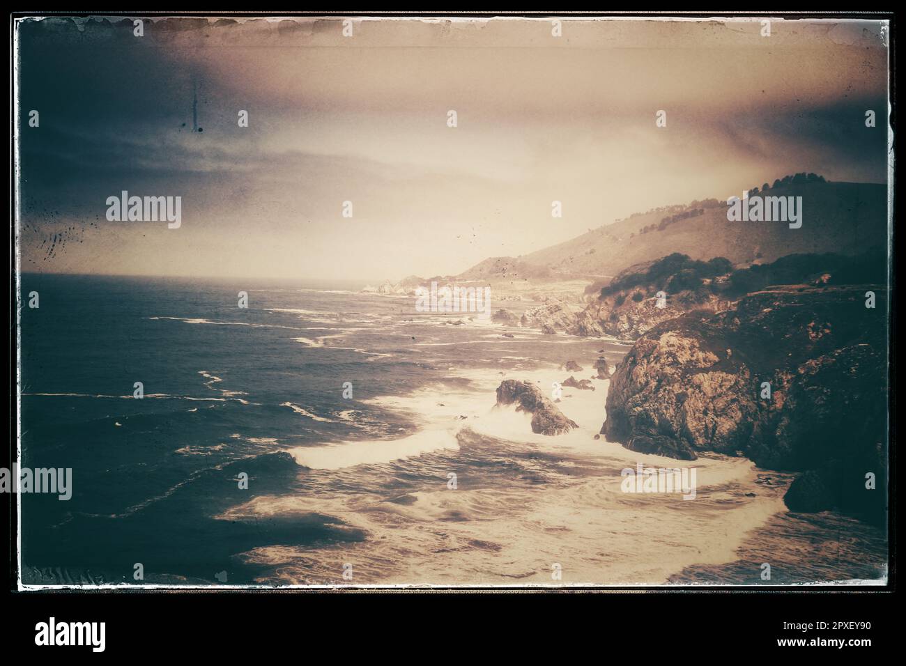 An old-fashioned image of a stunning seaside landscape, with the bright ...