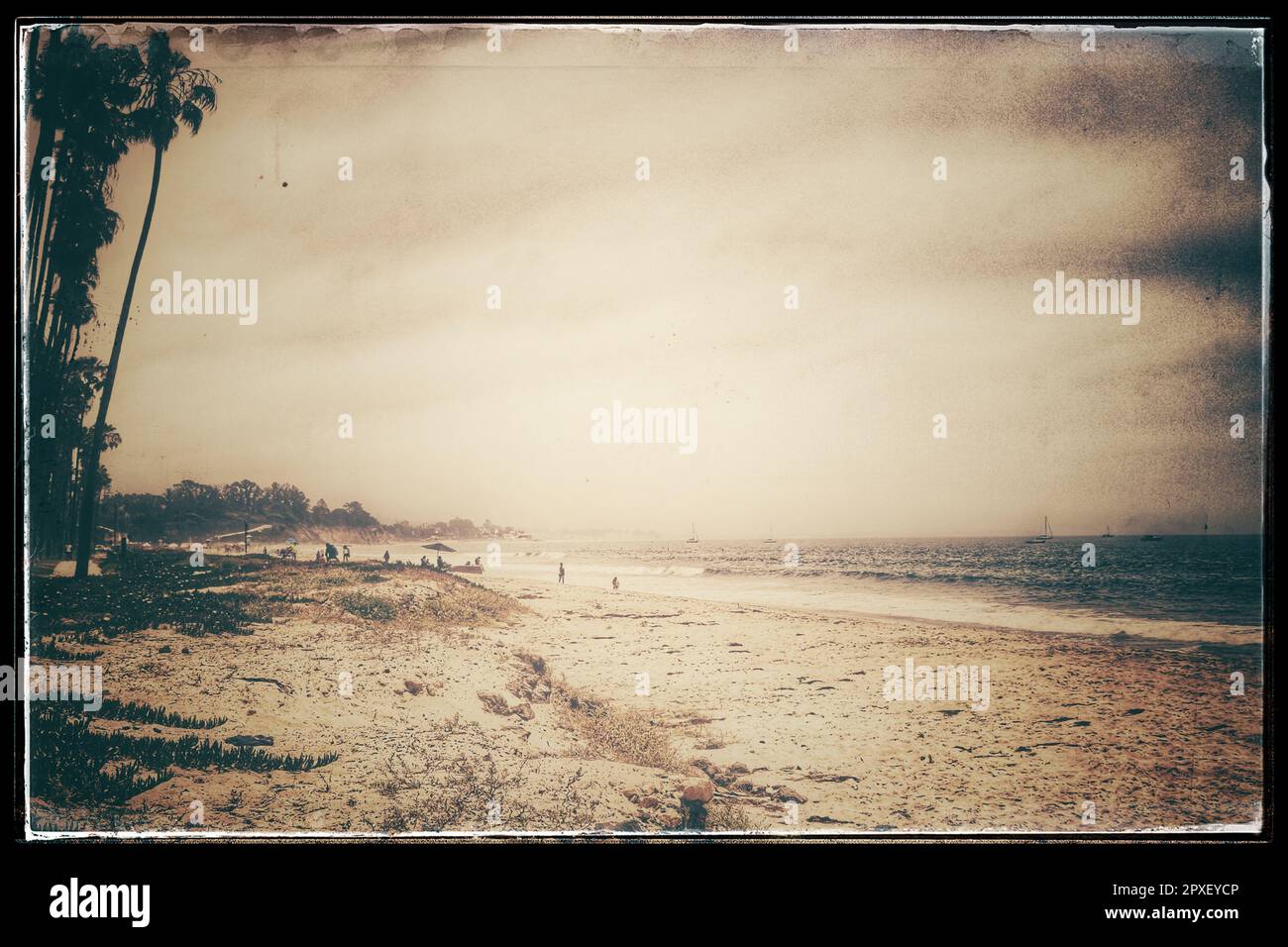 An old-fashioned painting depicting a tranquil beach scene with a sandy ...