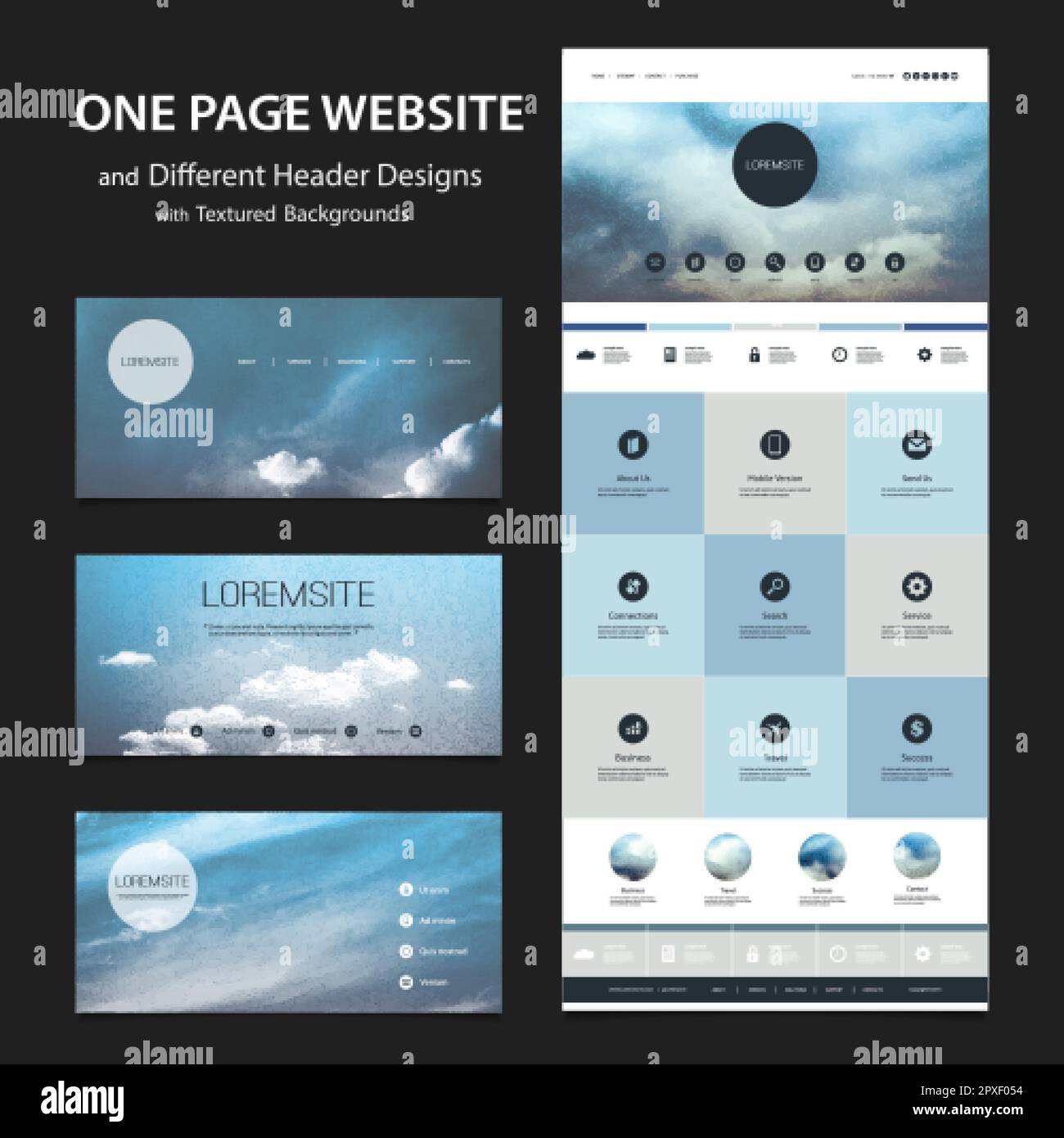 One Page Website Template and Different Header Designs with Blurred ...