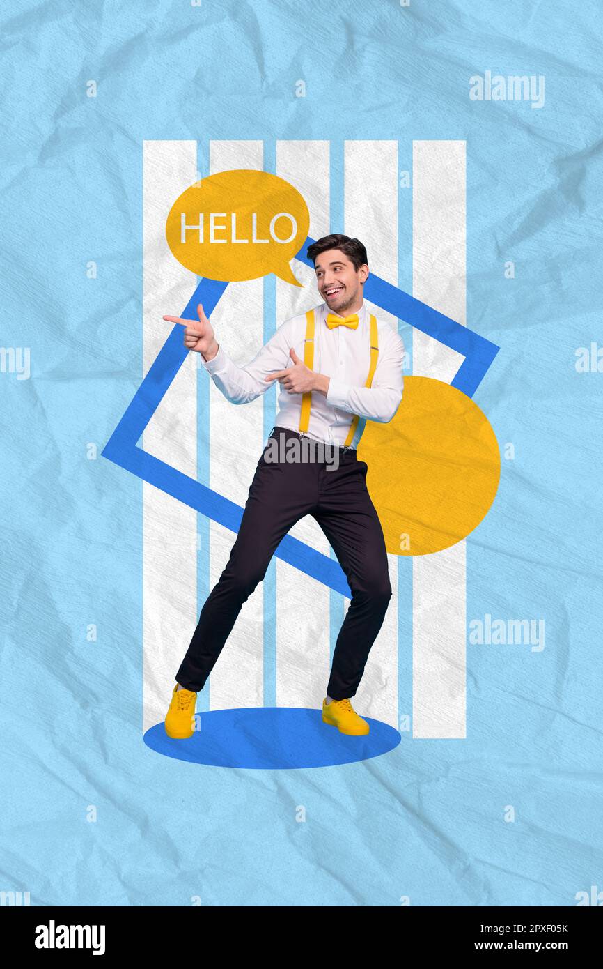 Vertical collage portrait of excited cheerful classy guy point fingers ...