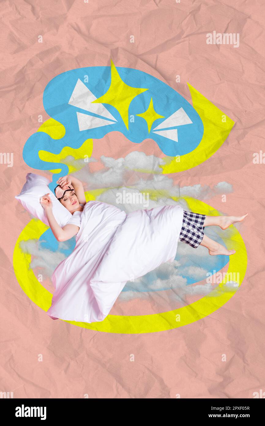Vertical collage picture of sleeping peaceful girl blanket pillow ...