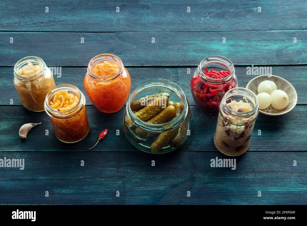 Fermented food variety. Homemade vegetable preserves. Sauerkraut ...
