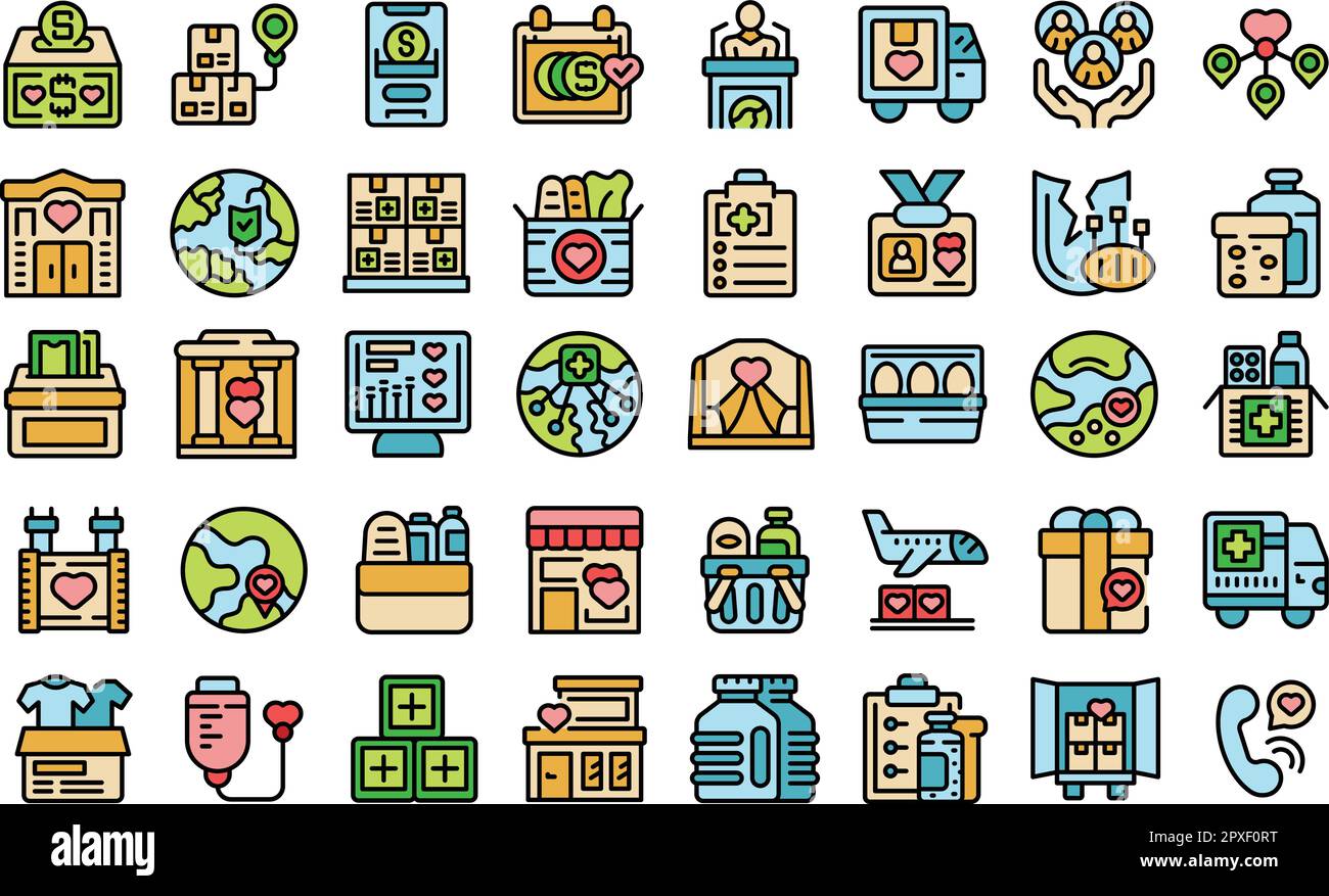 Humanitarian aid icons set outline vector. Donate box. Care food thin ...