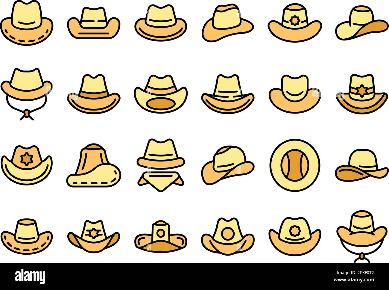 Cowboy hat icons set outline vector. Fashion leather. Old costume thin ...
