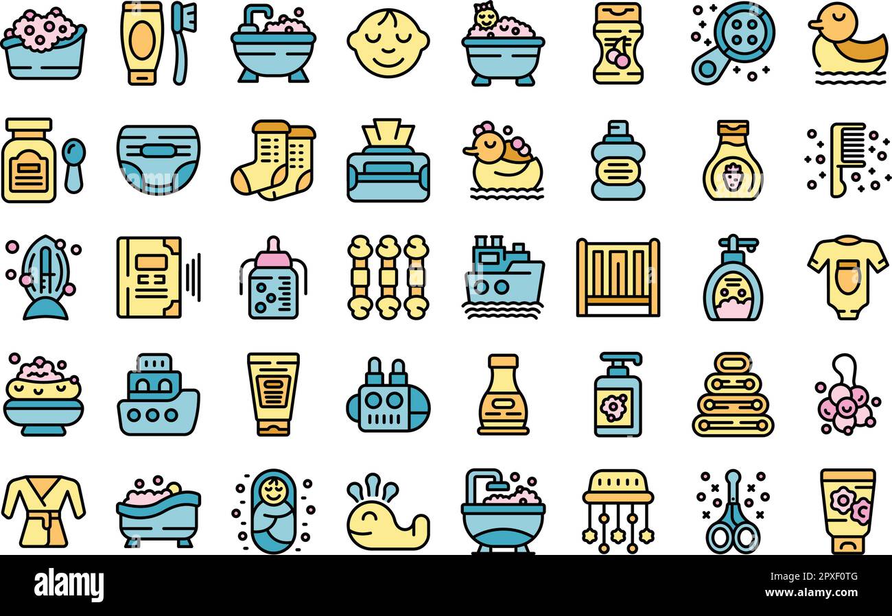 Bathing a baby icons set outline vector. Newborn infant. Mom care thin ...