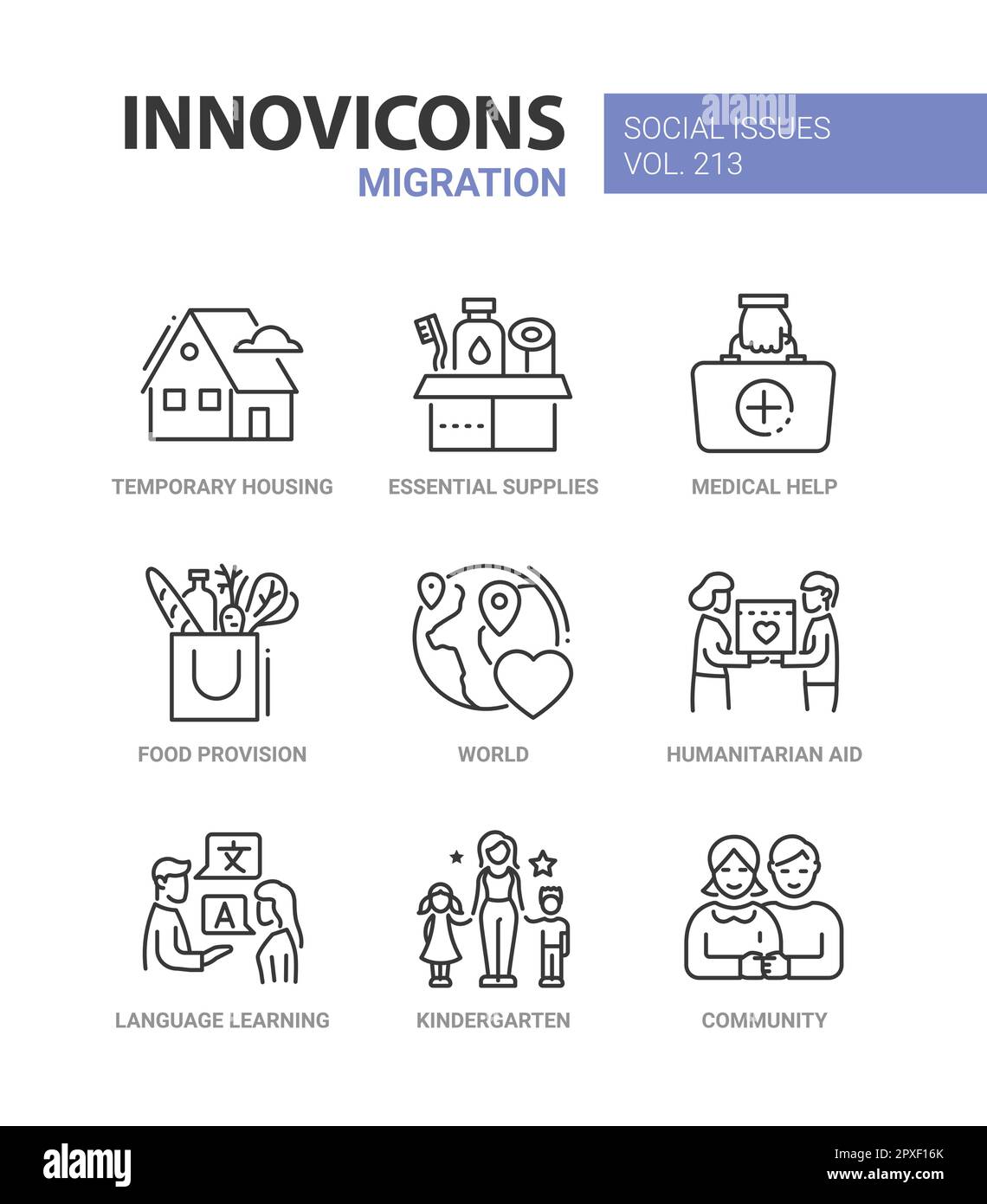Migration and humanitarian aid - line design style icons set Stock ...