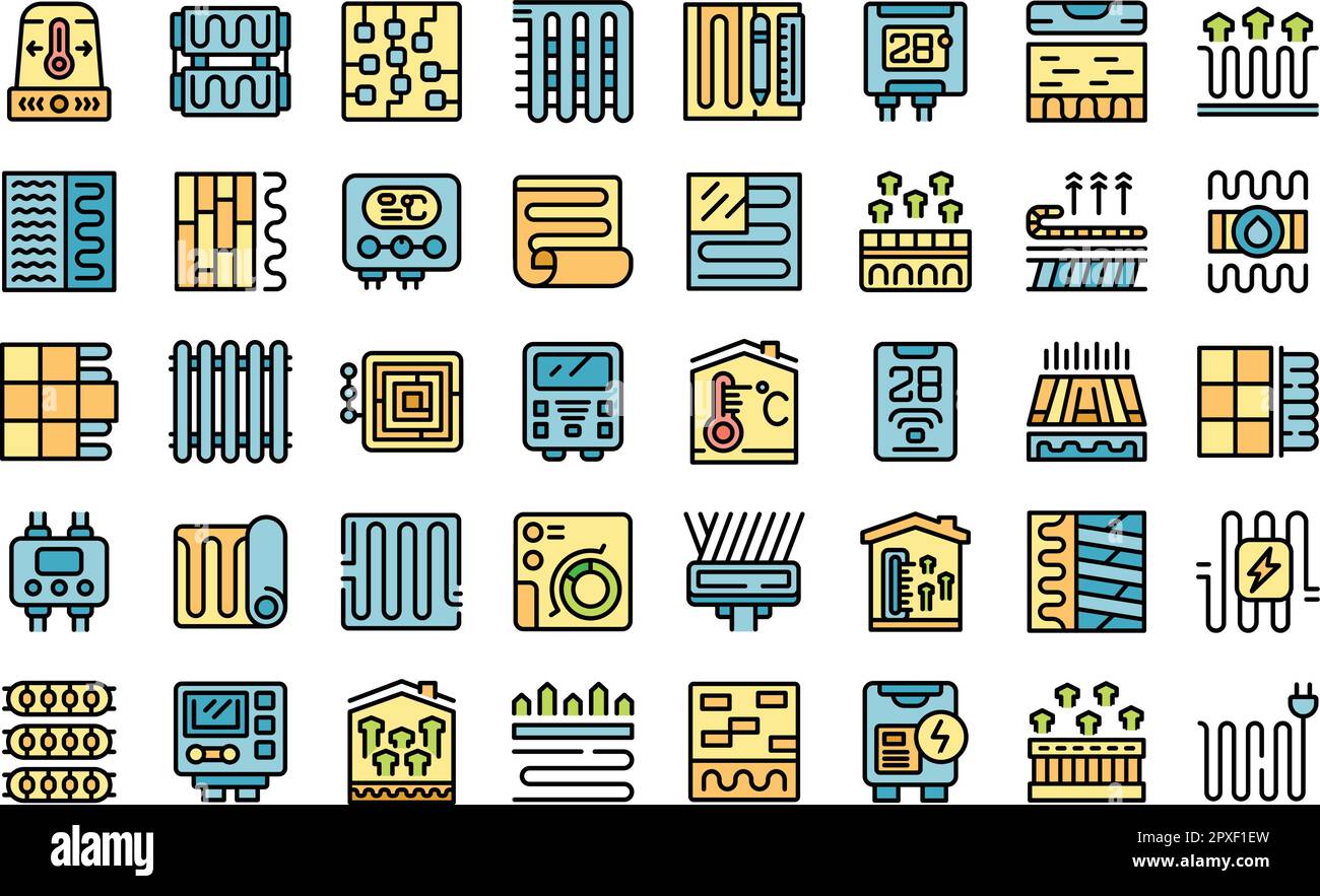 Warm floor icons set outline vector. Heat floor. Underfloor tile thin ...