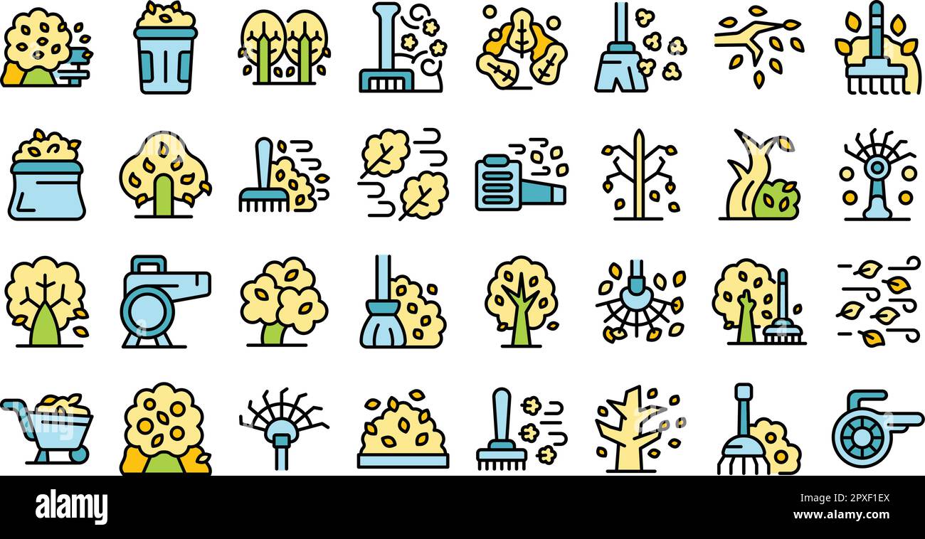 Cleaning autumn foliage icons set outline vector. Garden nature ...
