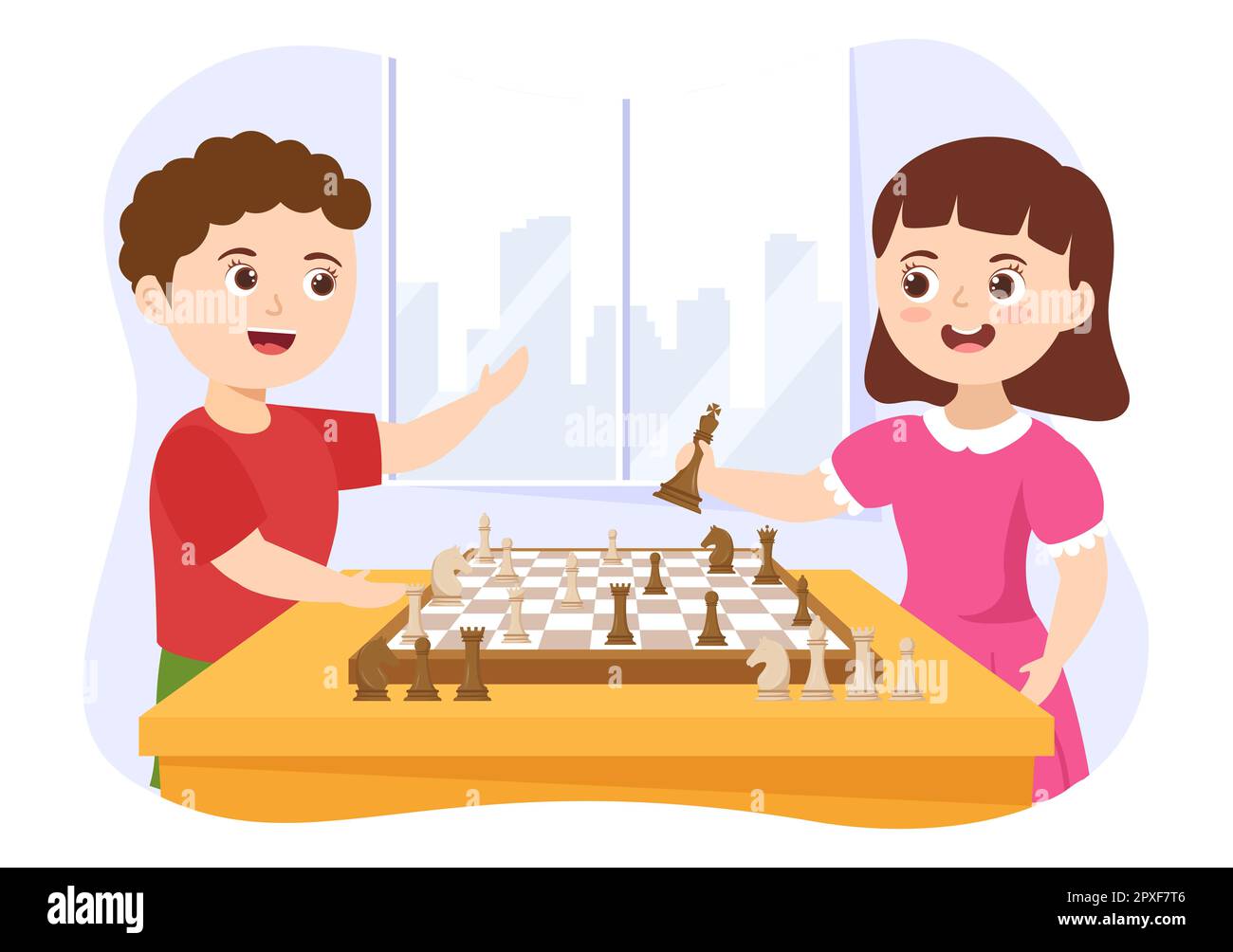 Chess Board Game Illustration with Kids Sitting Opposite and Playing ...