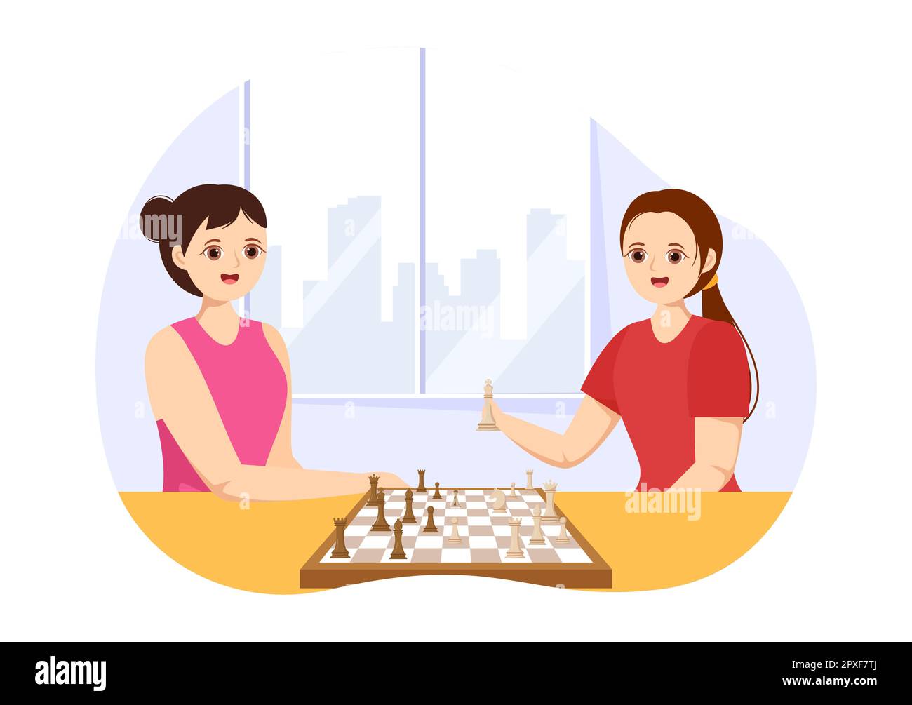 Chess Board Game Illustration with People Sitting Opposite and Playing ...