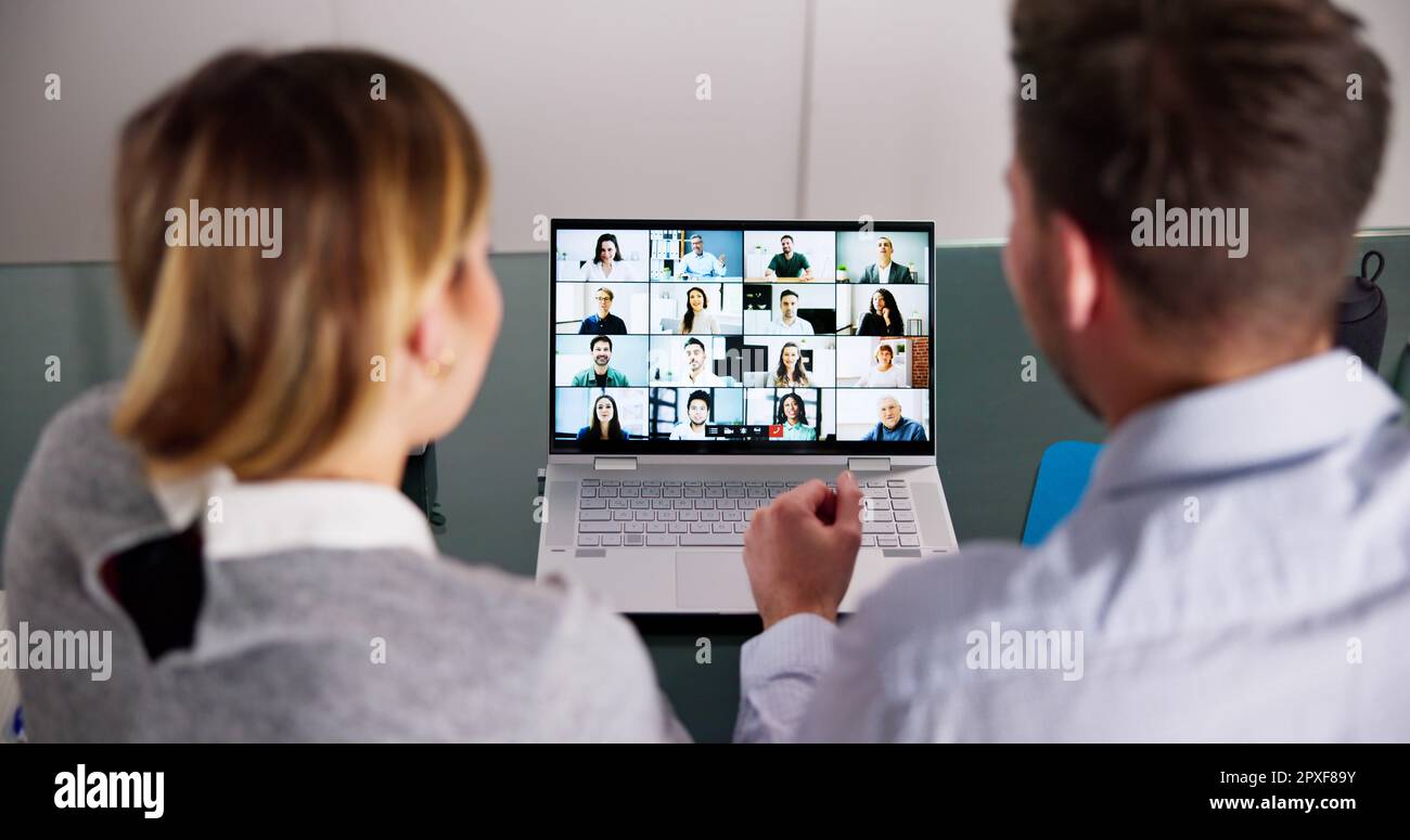 Online Video Conference Meeting On Laptop In Office Stock Photo - Alamy