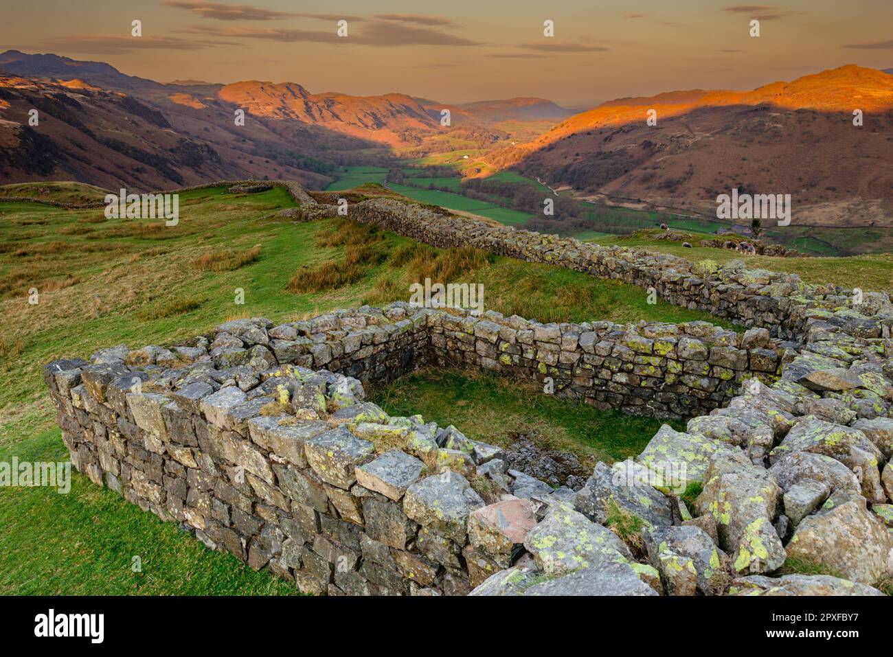 Eskdale valley, the remains of an angle tower and walls of Hardknott ...