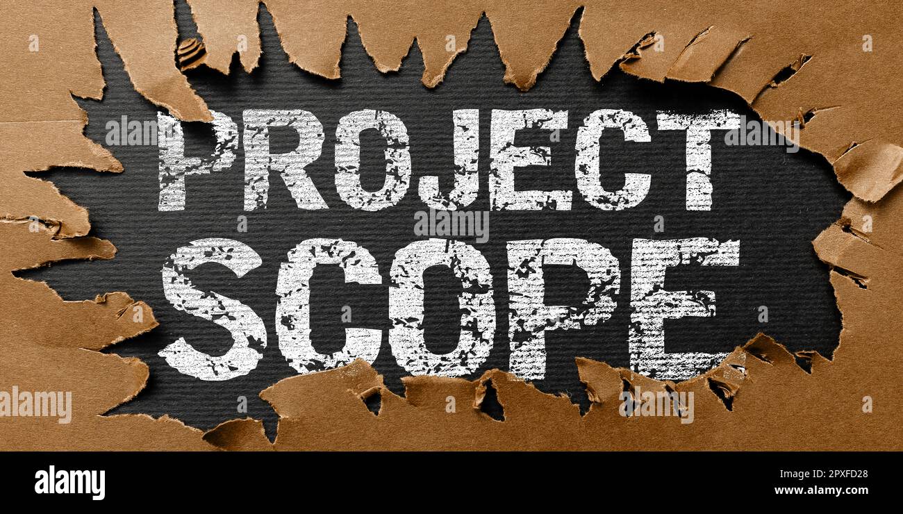 Hand writing sign Project Scope, Word for evaluation of work efforts a ...