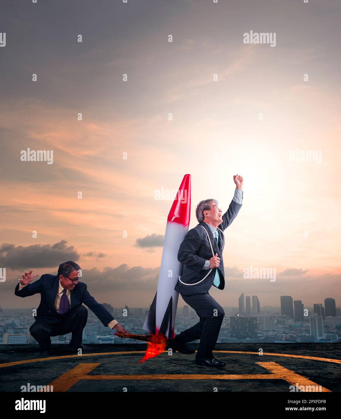 two senior business man holding rocket and launching by fire sparking ...
