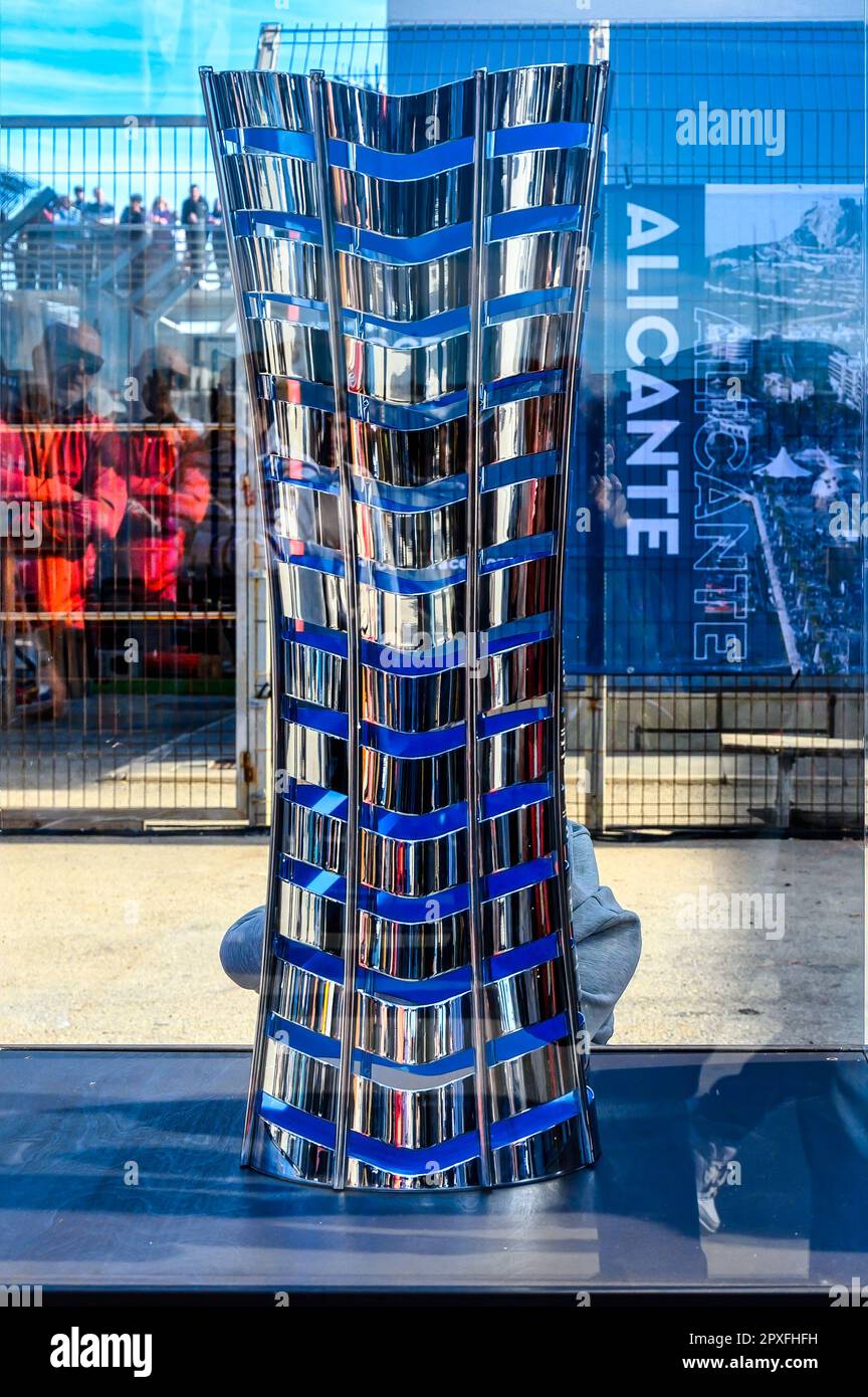 The Ocean Race, Alicante, Spain: A silver and blue trophy is exhibited ...