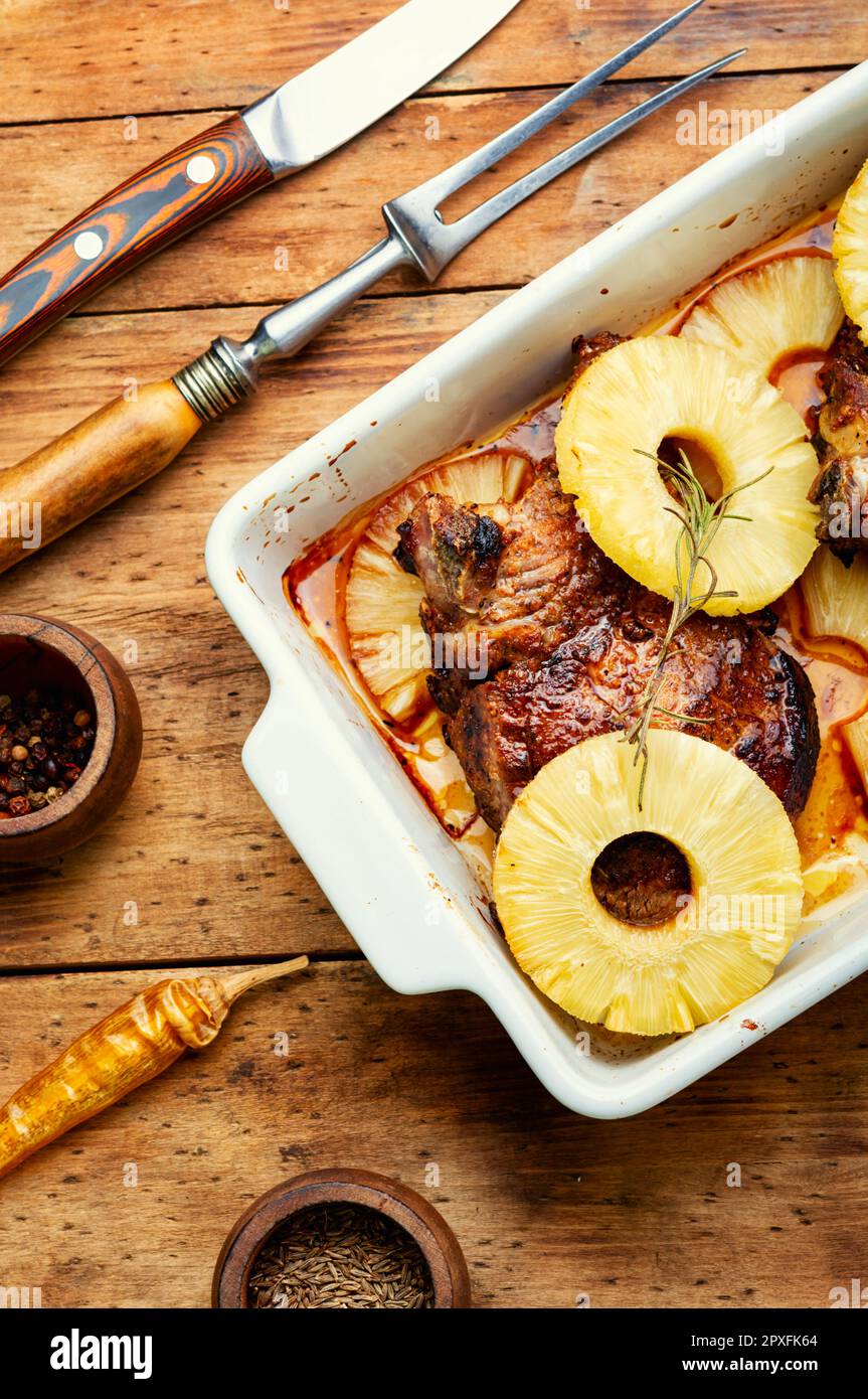 Grilled beef meat with pineapple. Meat rib steak, barbecue Stock Photo ...