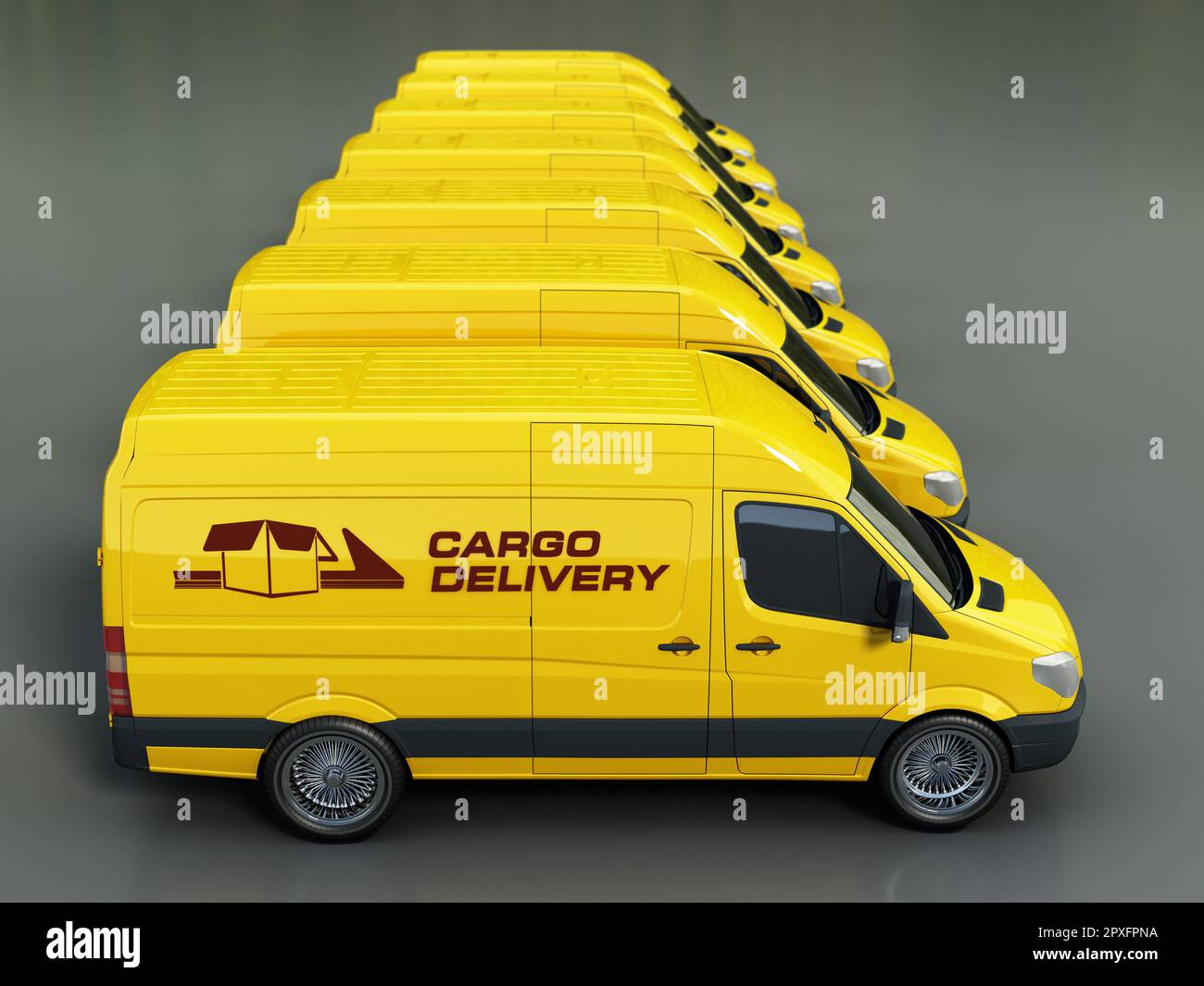 Fleet of cargo vans. Transportation and cargo distribution sector. 3D ...
