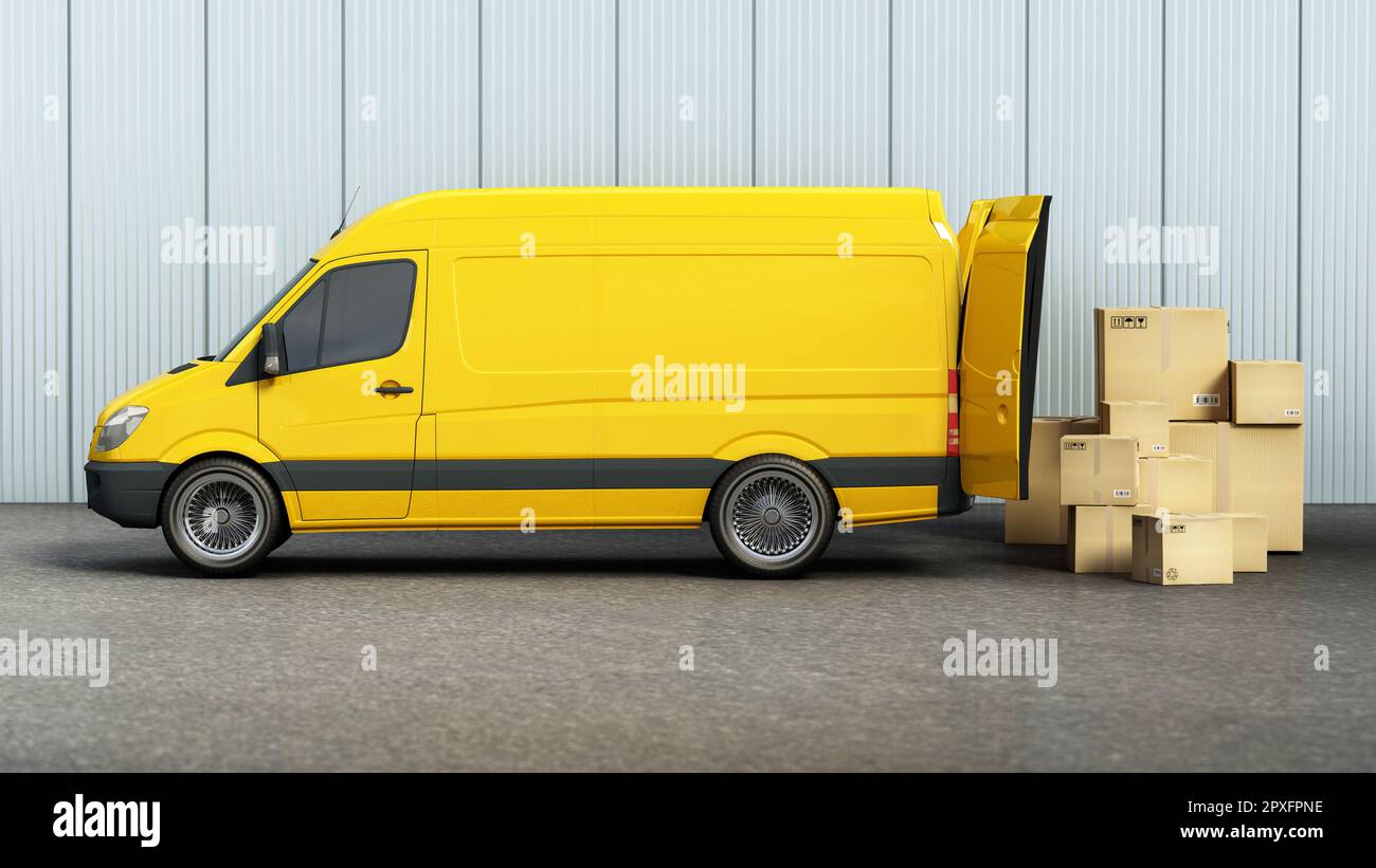 Stack of cardboard boxes standing near open cargo van rear door. Cargo ...