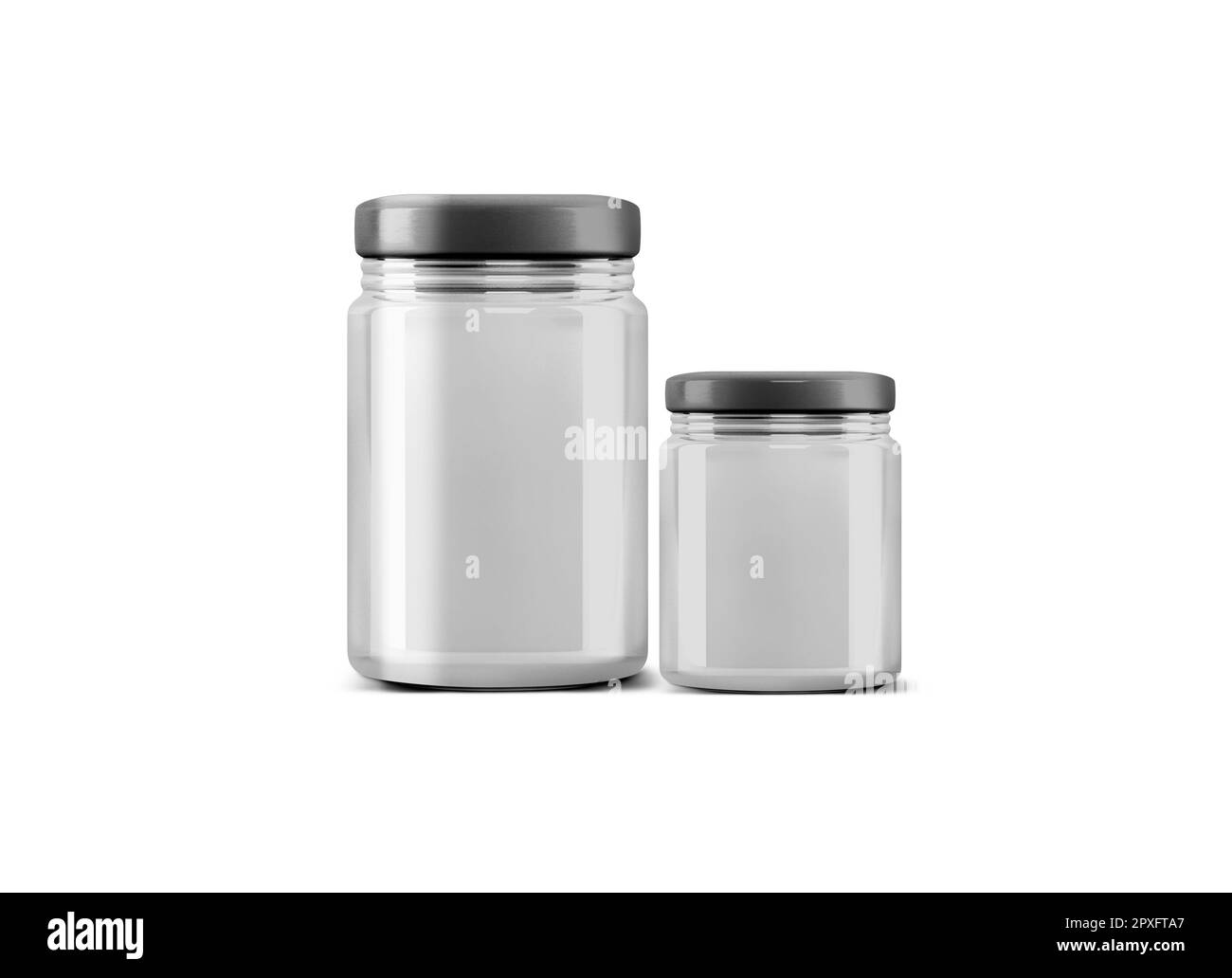 A 3D rendering of two clear glass jars with black lids isolated on a ...