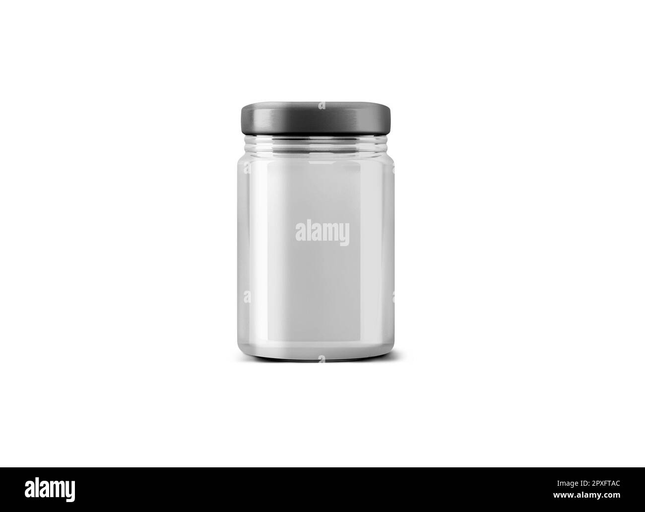 A 3D rendering of an isolated long glass jar with a black lid on a ...