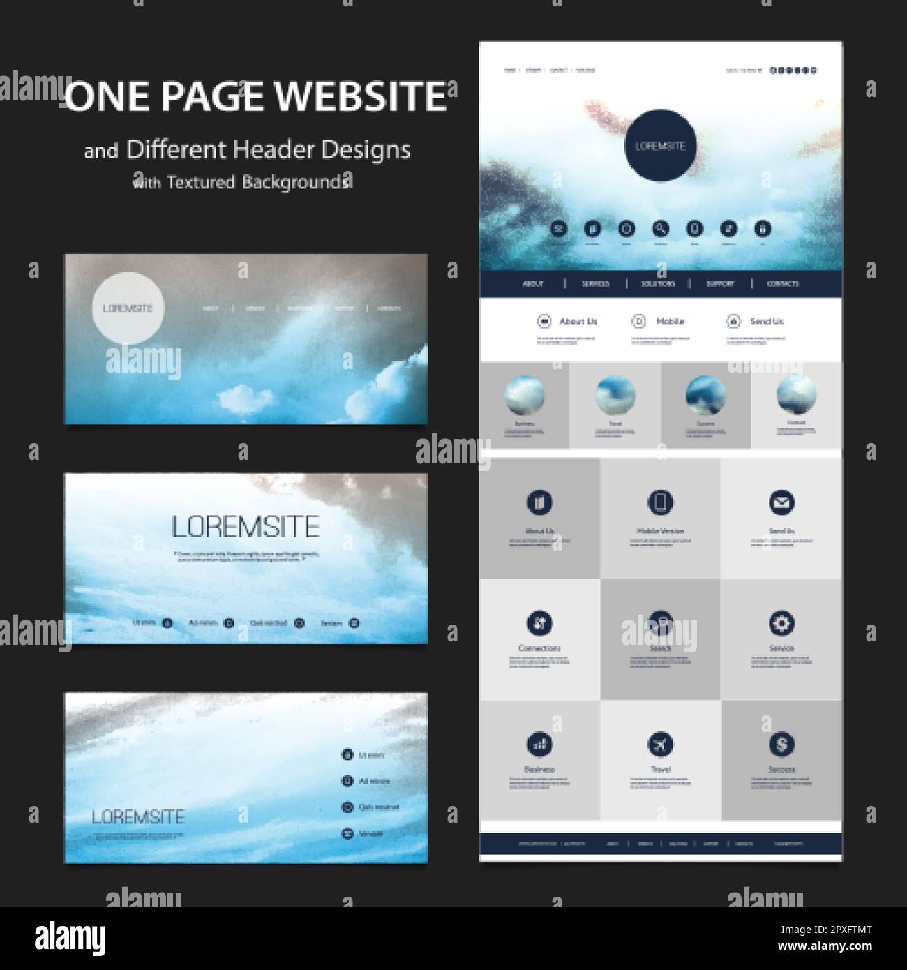 One Page Website Template and Different Header Designs with Blurred ...