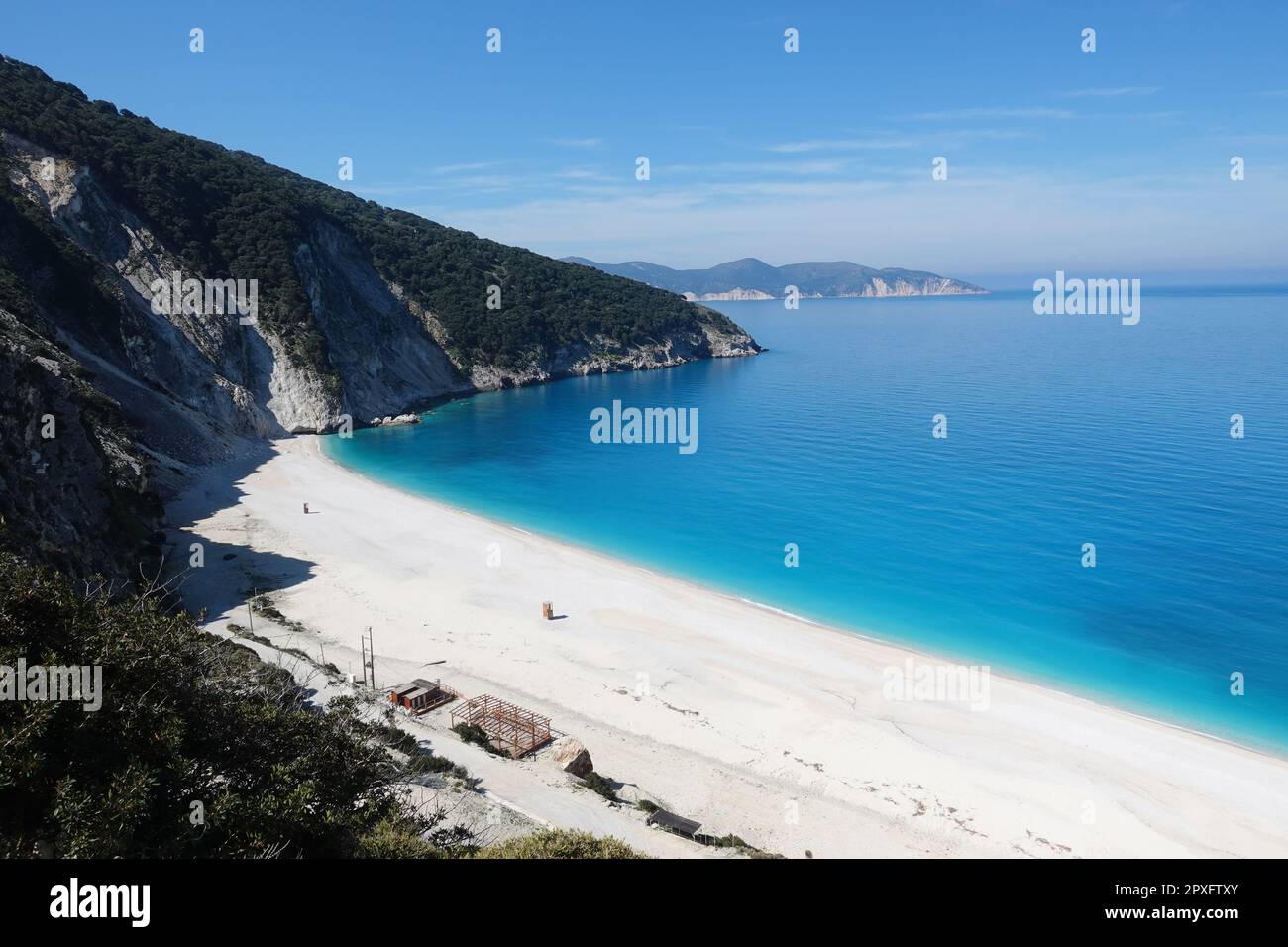 Looking down on over Myrtos beach, a white sand beach surronded by ...