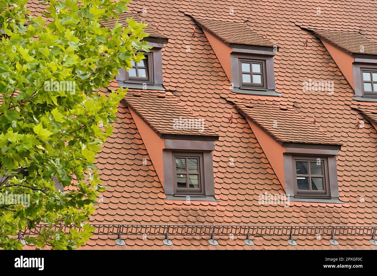 An exterior view of a traditional red-tiled roof house with ornate ...