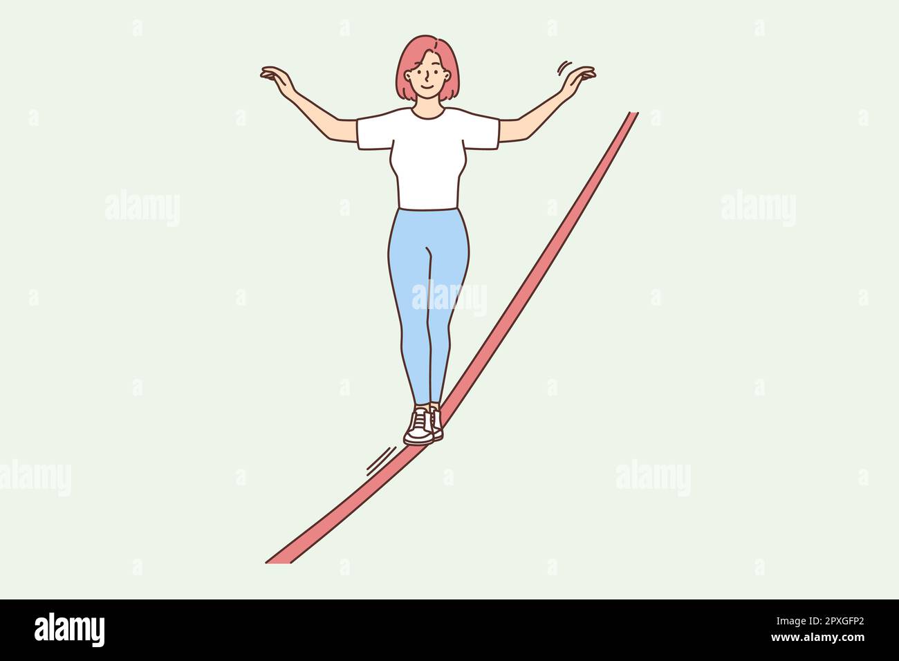 Woman walking tightrope. Smiling female walker do sport training ...