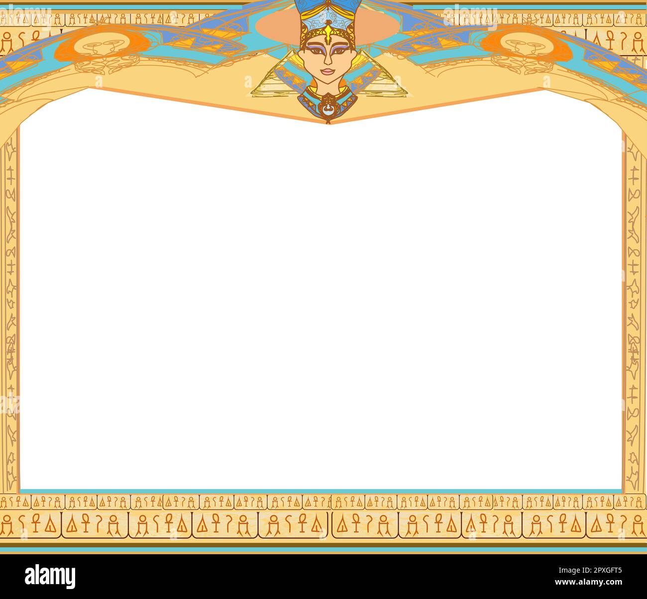 vintage card - decorative frame with hieroglyphs and egyptian queen ...