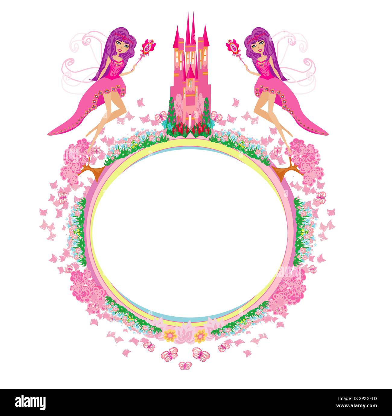 Fairytale frame with beautiful fairies, castle and garden Stock Photo ...