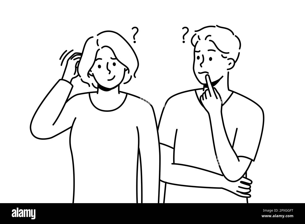 Confused man and woman thinking solving problem together. Frustrated ...