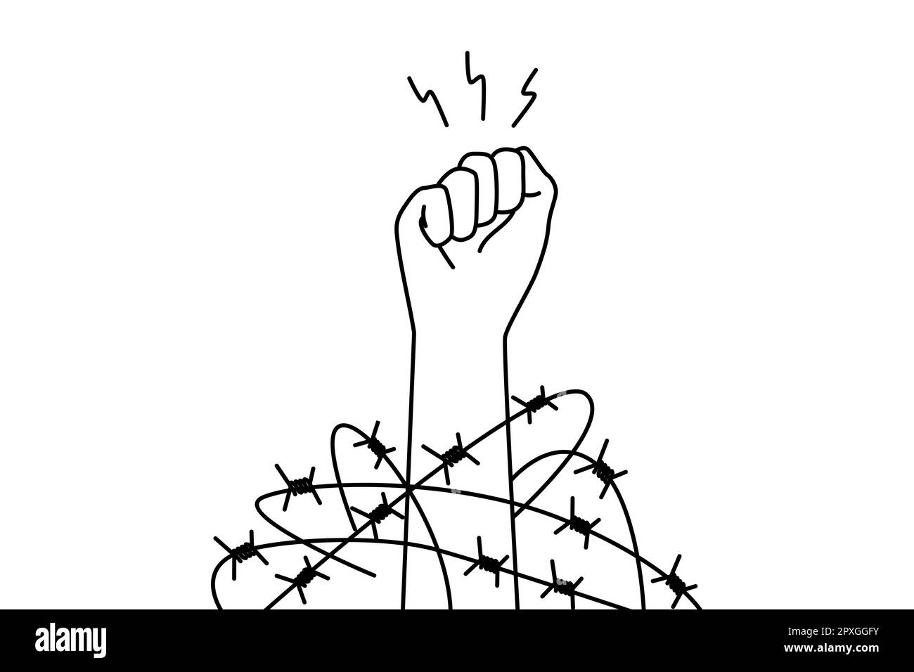 Close-up of hand in fist in wires thrive for independence and freedom ...