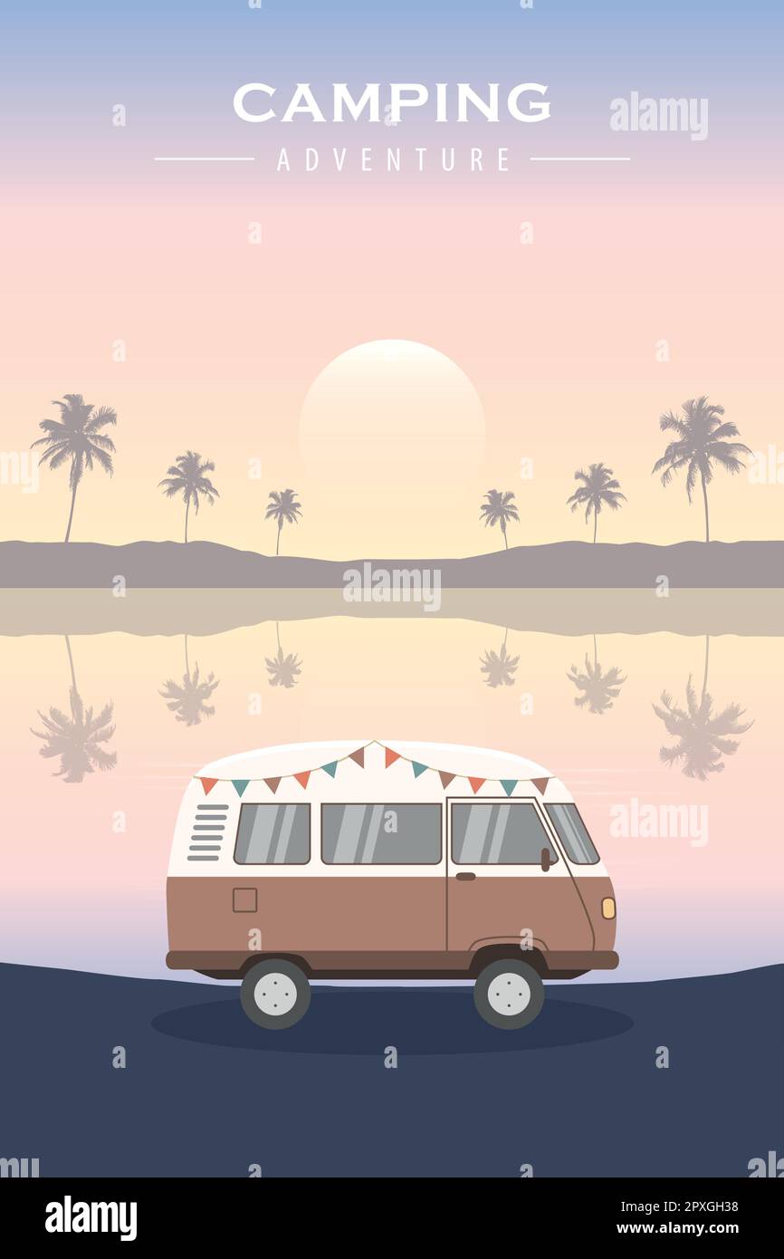 tropical camping adventure summer holiday with camper van Stock Vector ...