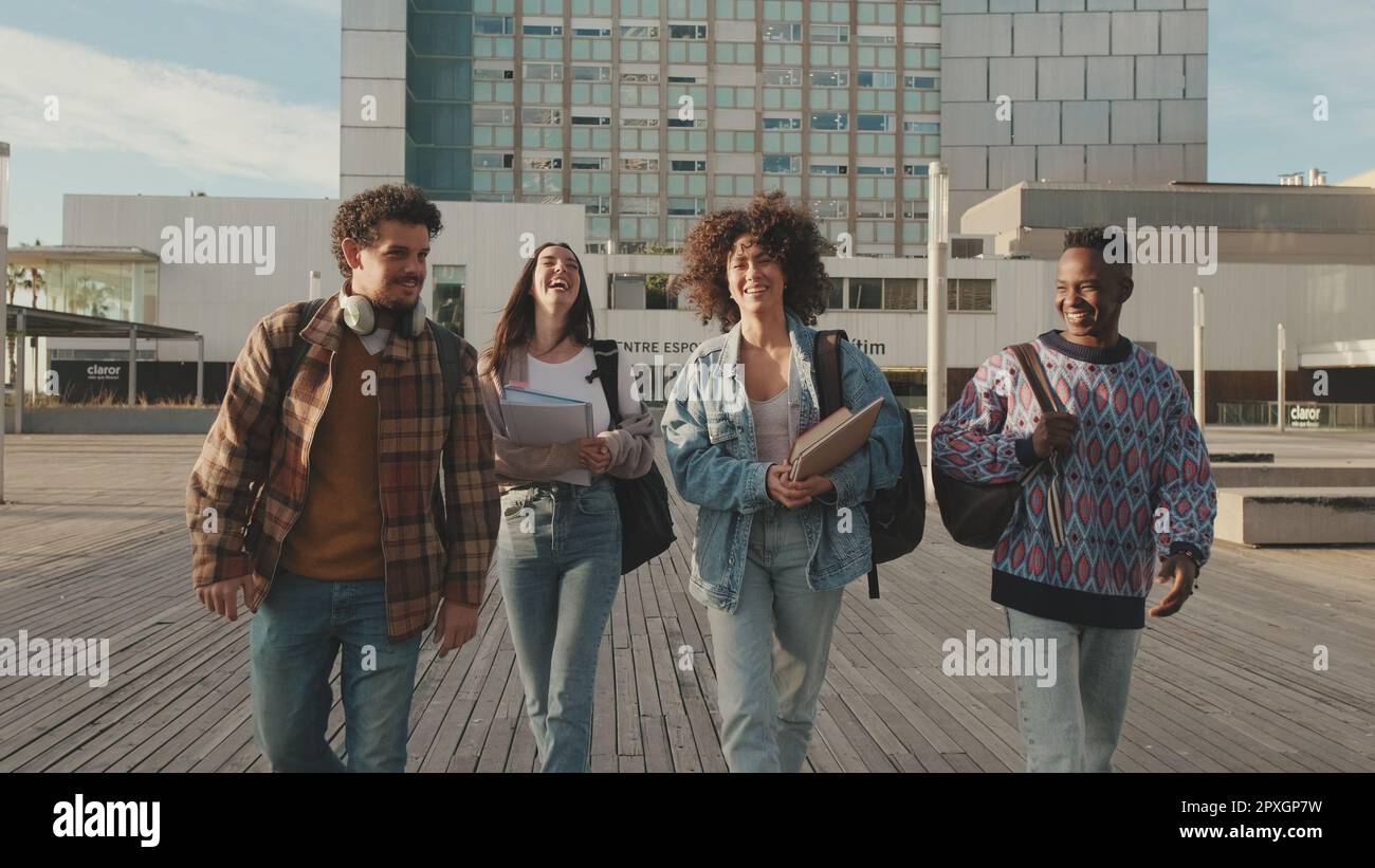 Group of students are walking from outside. Classmates students walk ...
