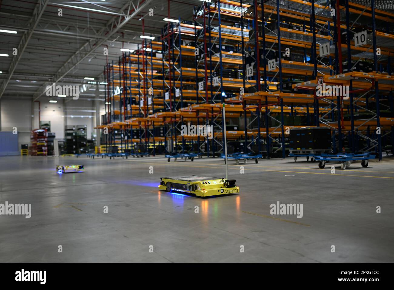 Bremen, Germany. 02nd May, 2023. A driverless transport system (AGV) is ...